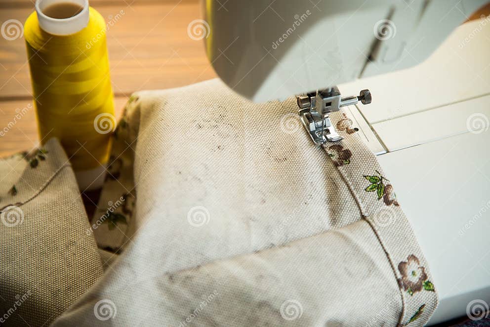 Sewing Machine with Fabric and Threads for Sewing, Close-up. the ...