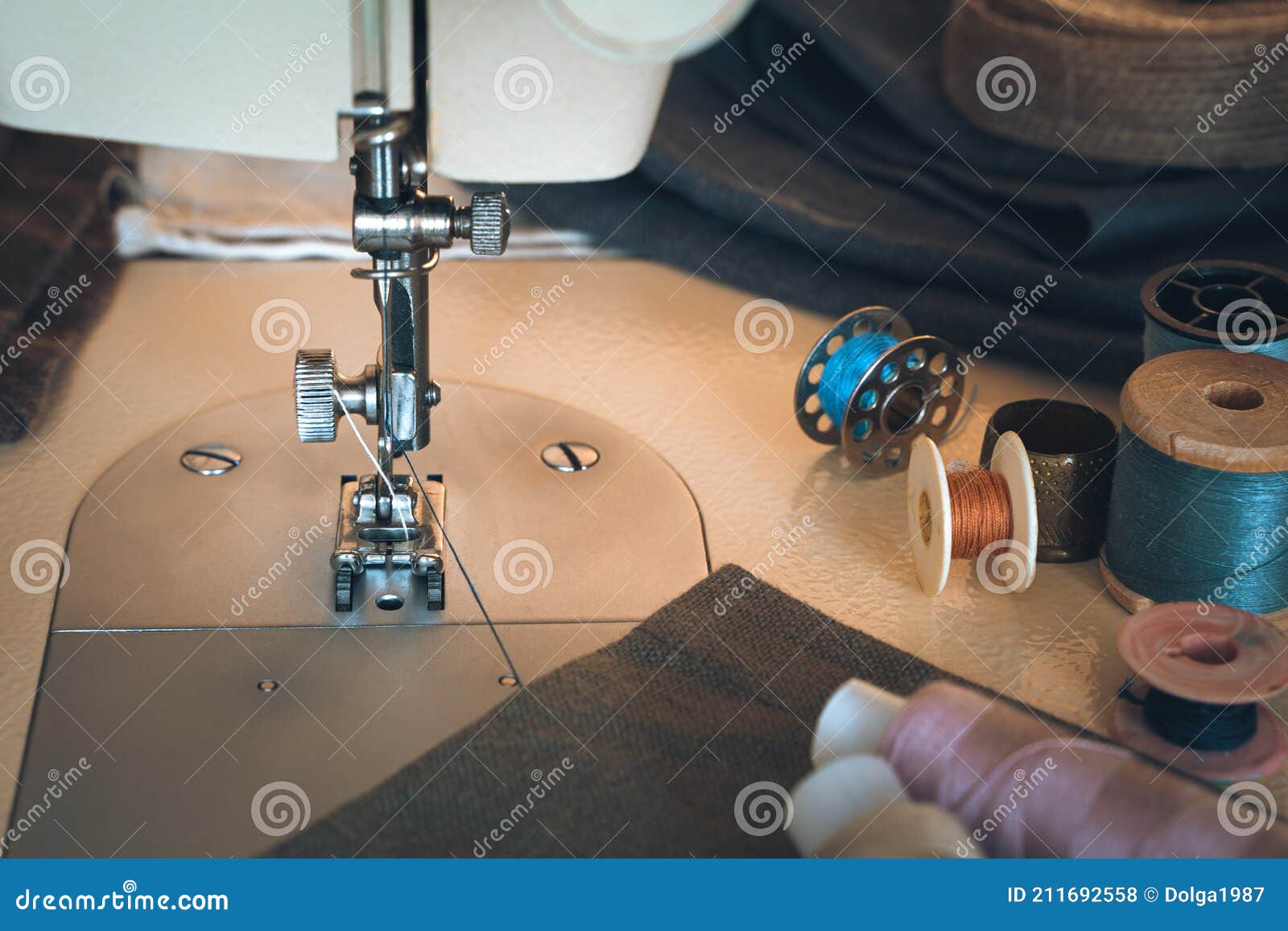 Sewing Machine, Fabrics and Thread. the Side View is Horizontal Stock ...
