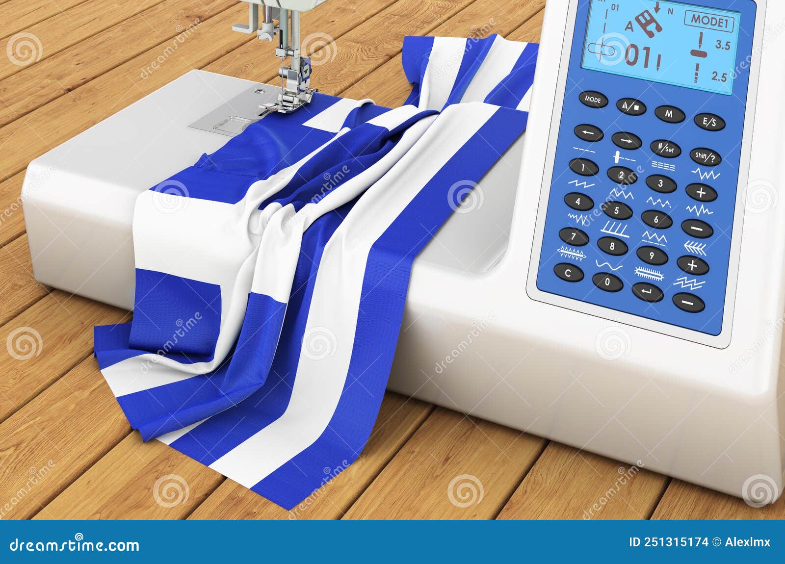 Sewing Machine with Greek Flag on the Wooden Table. 3D Rendering Stock ...