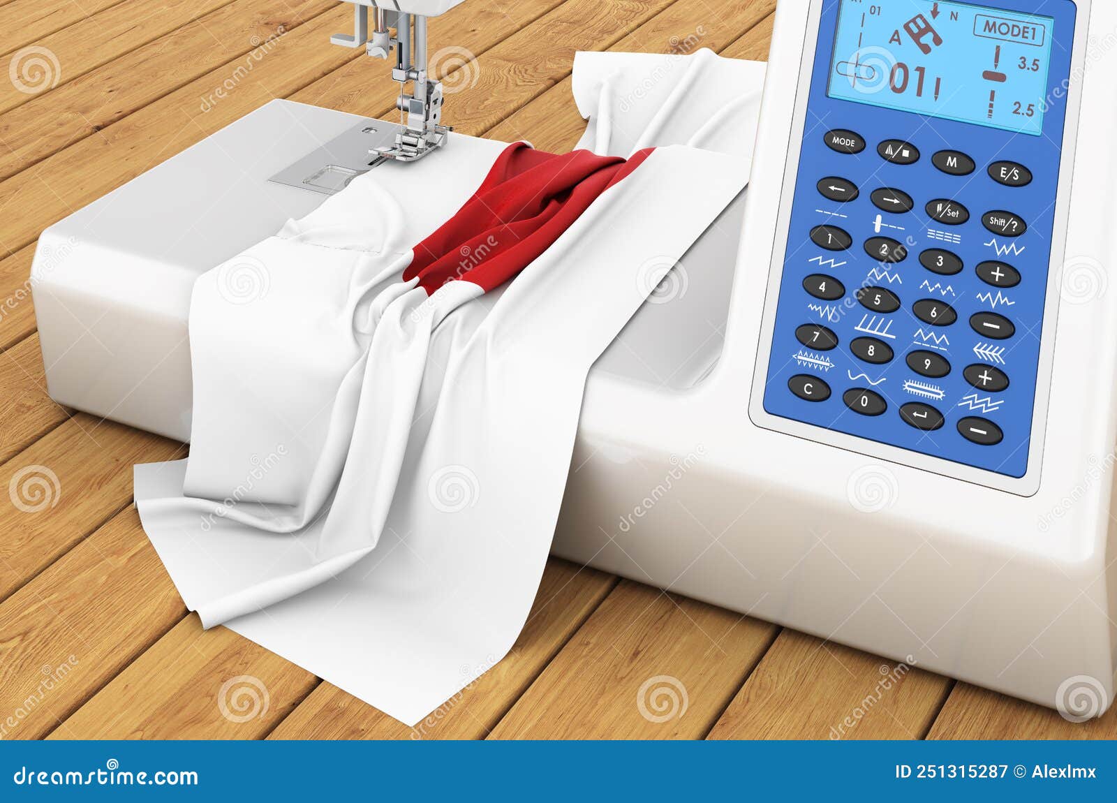 Sewing Machine with Japanese Flag on the Wooden Table. 3D Rendering ...