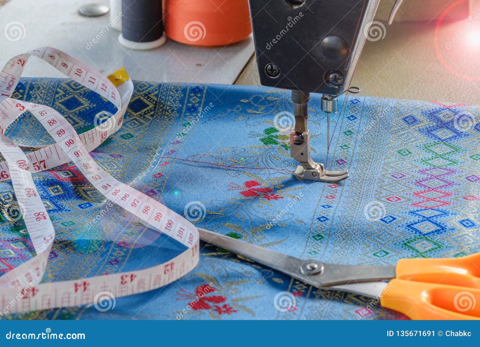 The Sewing Machine with Measuring Cord and Scissors Stock Image - Image ...