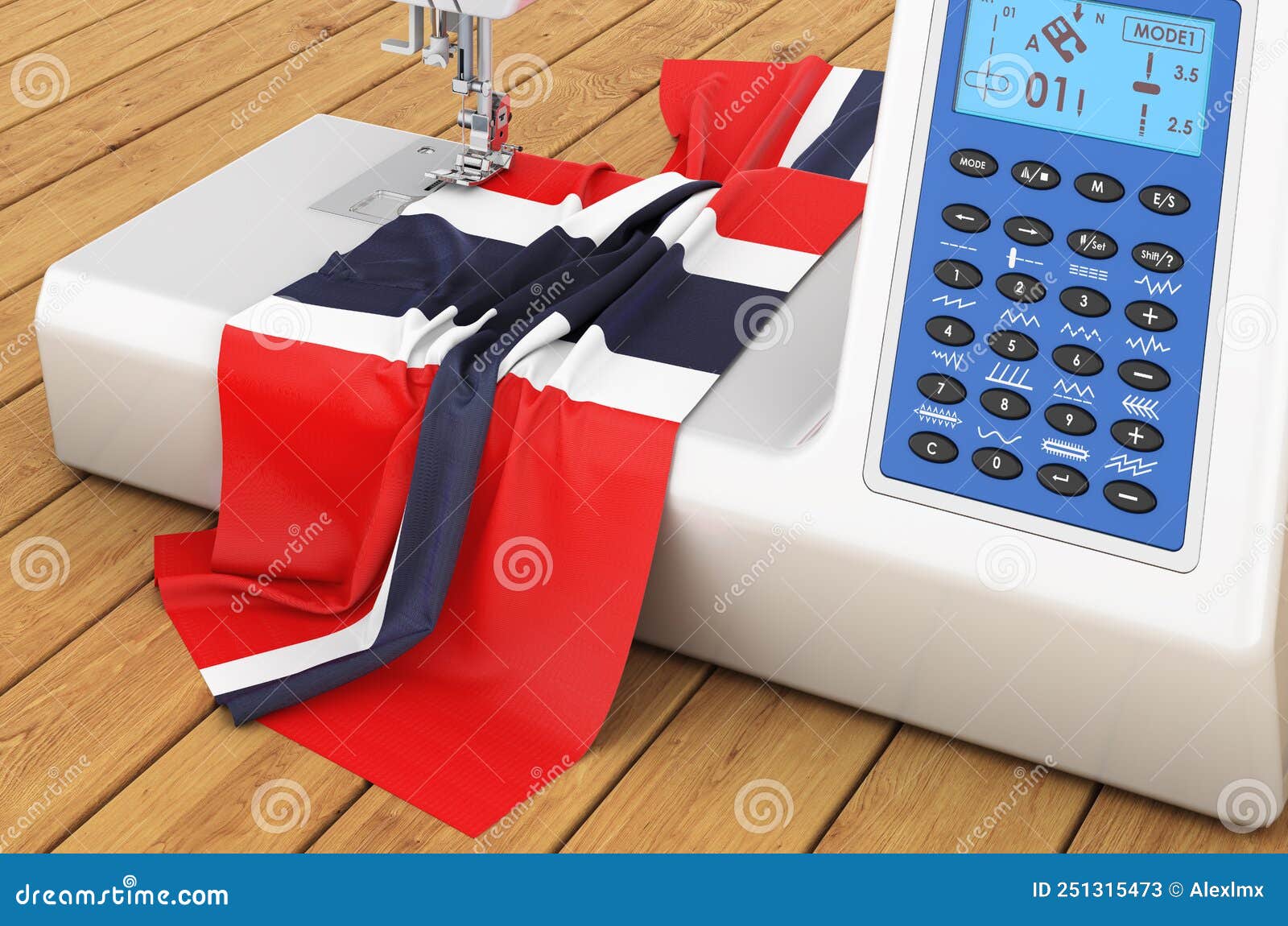 Sewing Machine with Norwegian Flag on the Wooden Table. 3D Rendering ...