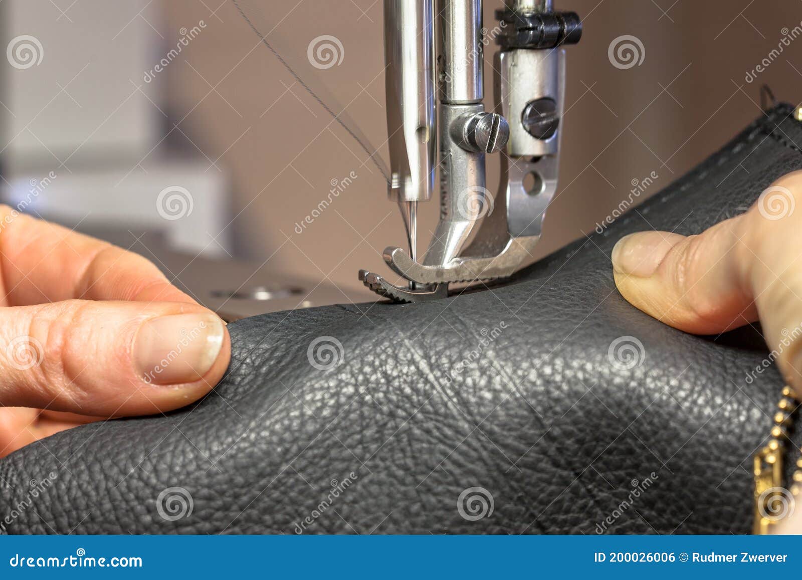 Sewing Machine Operated by Hands in Workshop Stock Photo - Image of ...