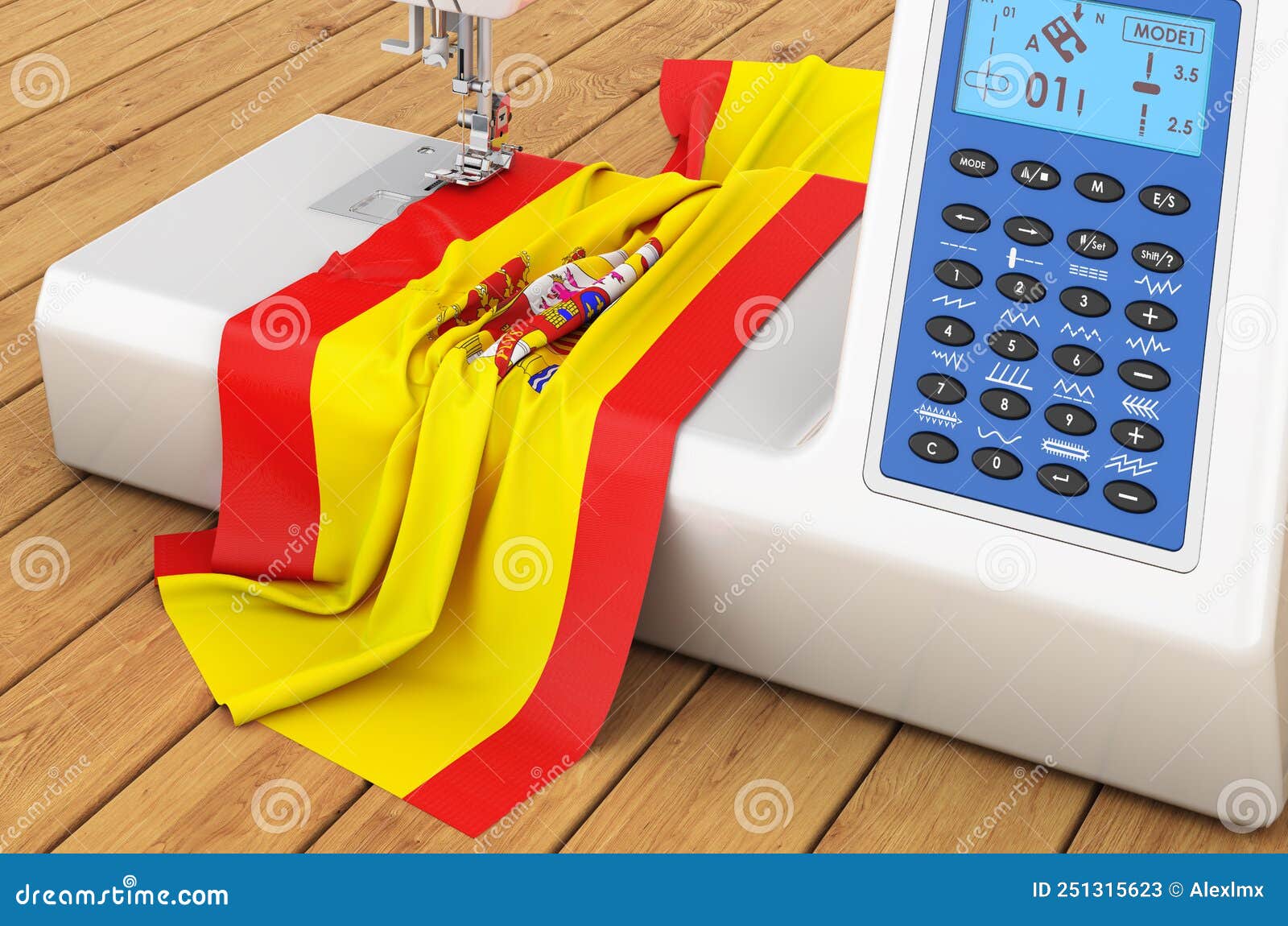 Sewing Machine with Spanish Flag on the Wooden Table. 3D Rendering ...