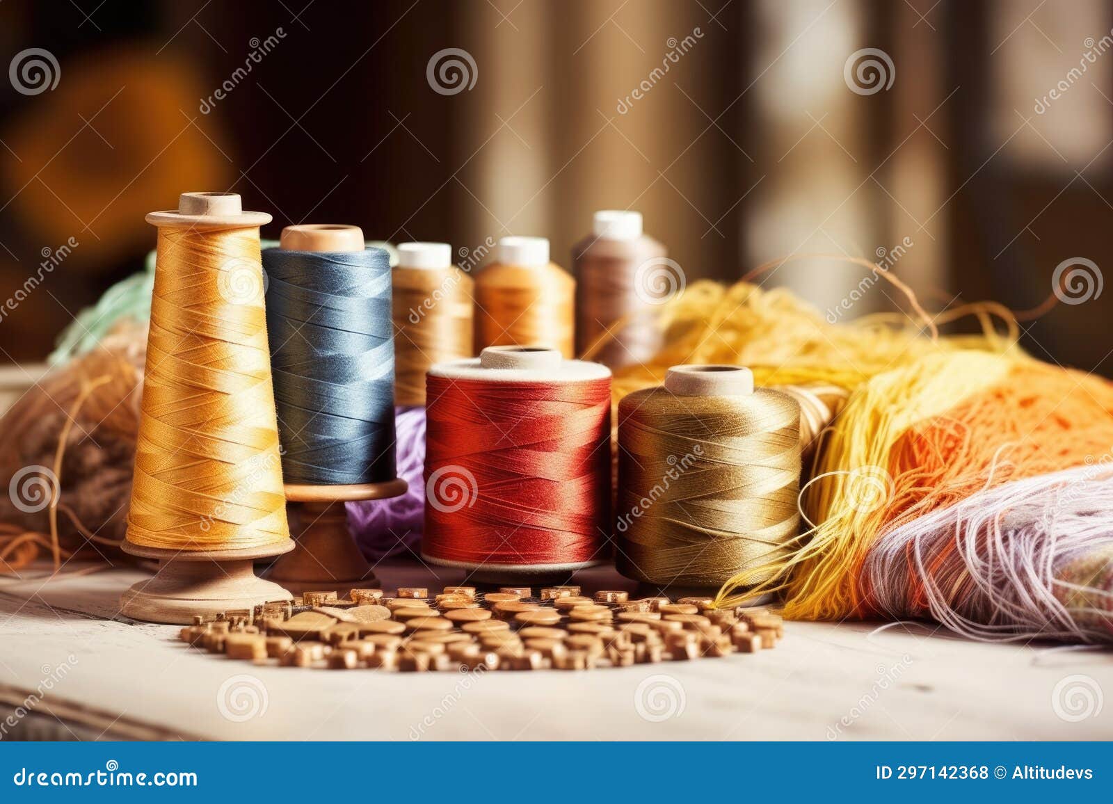 Sewing Machine with Spools of Thread on Table Stock Photo - Image of ...