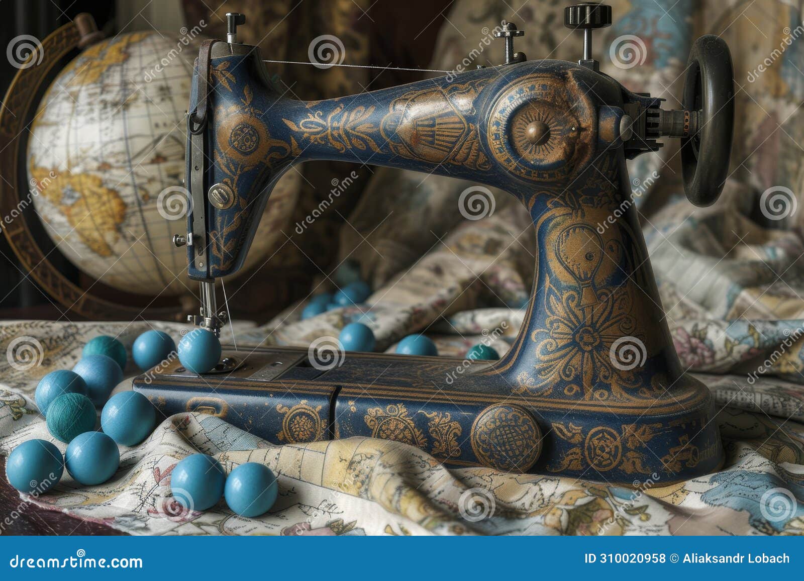 The Sewing Machine Stands on a Fabric with a World Map Pattern ...