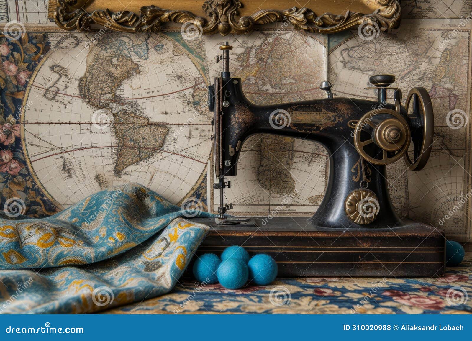 The Sewing Machine Stands on a Fabric with a World Map Pattern ...