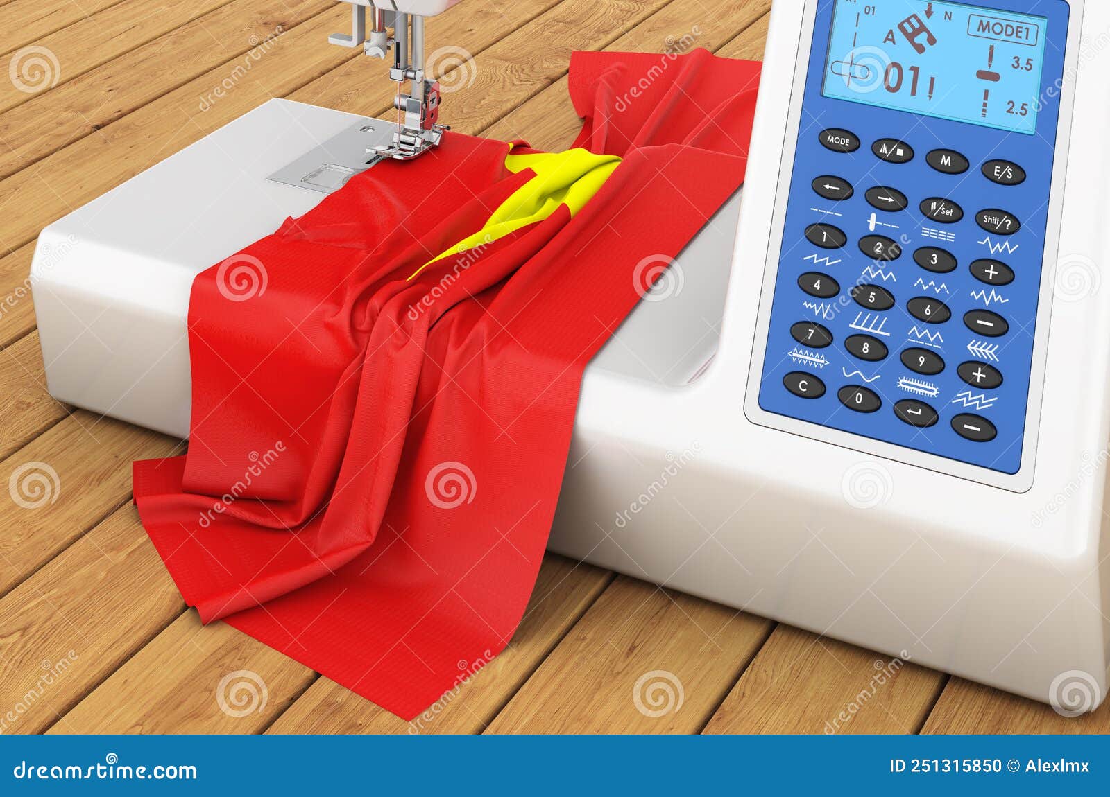 Sewing Machine with Vietnamese Flag on the Wooden Table. 3D Rendering ...