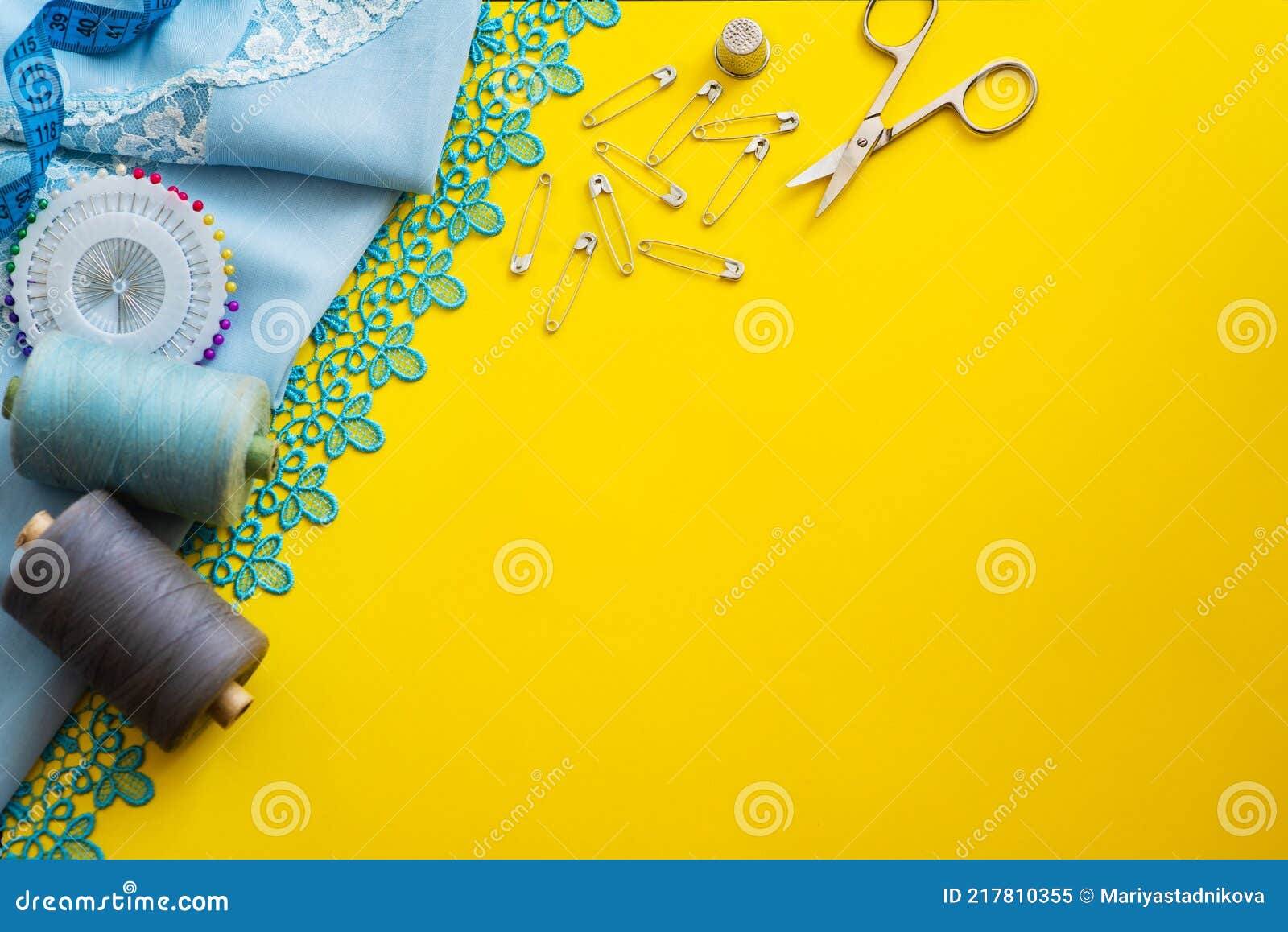 Sewing Materials. Multi-colored Threads, Meter Tape, Scissors, Fabric ...