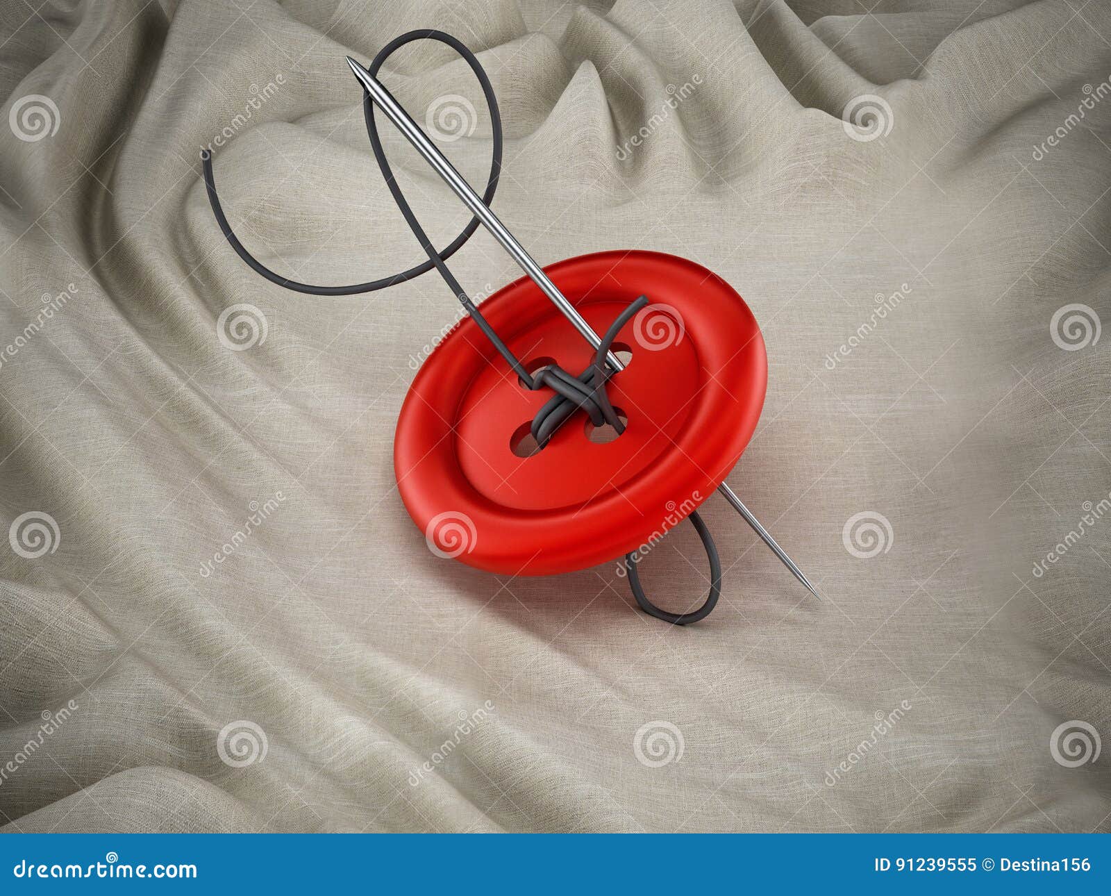 Sewing Needle, String and Red Button on White Cloth. 3D Illustration ...
