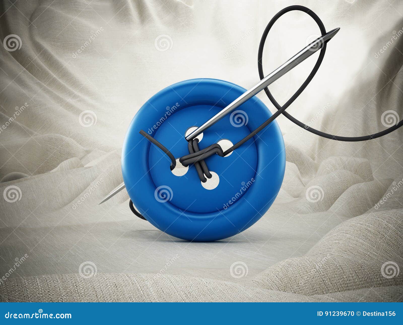 Sewing Needle, String and Red Button on White Cloth. 3D Illustration ...
