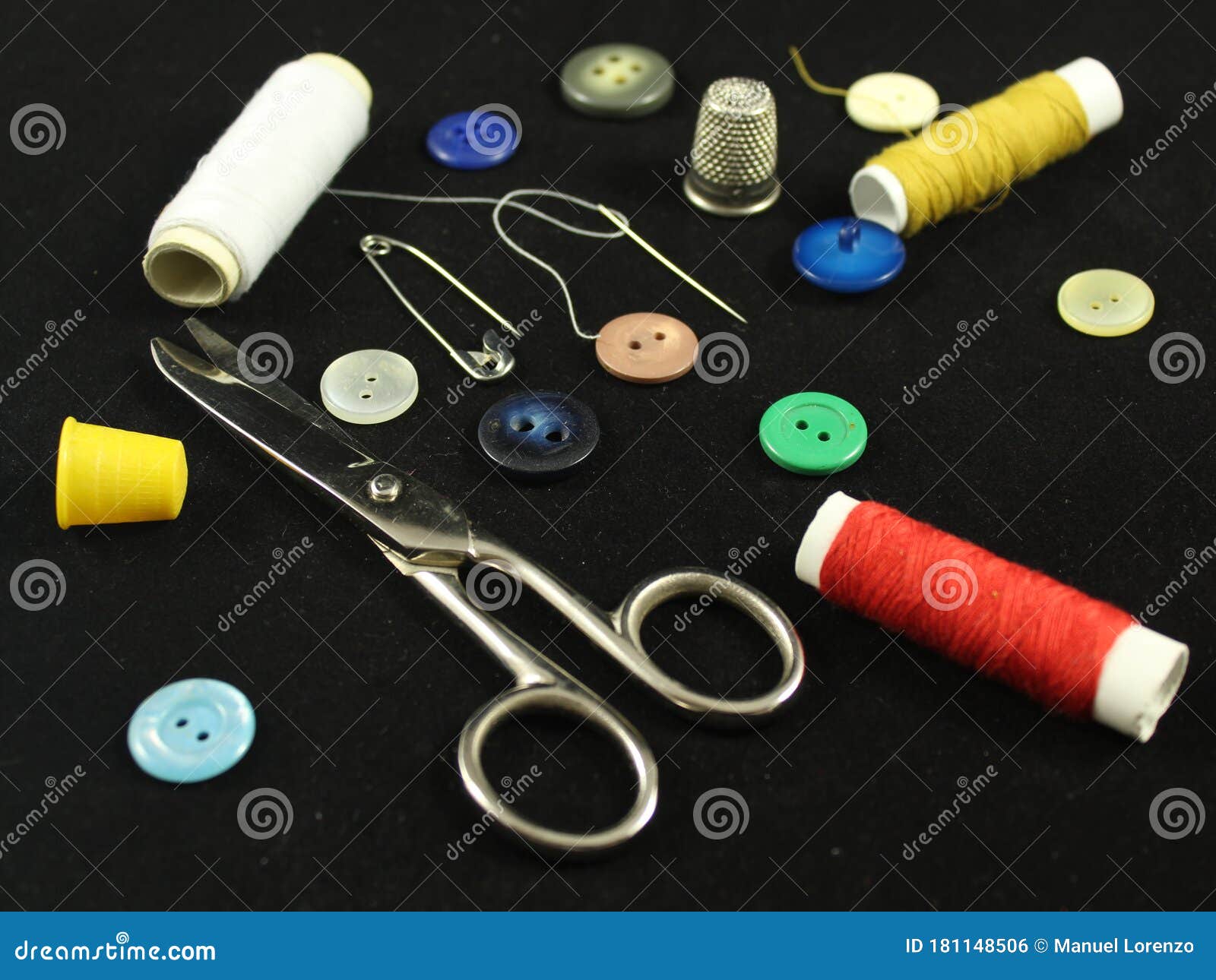 Sewing Needle Thread Scissors Thimble Tailor Buttons Stock Photo ...