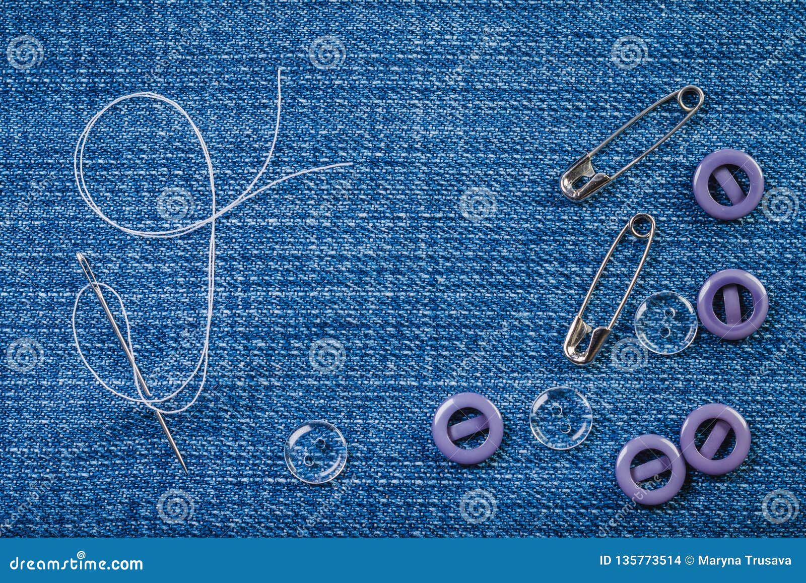 Sewing Needle with a White Thread, Lilac and Transparent Buttons and ...