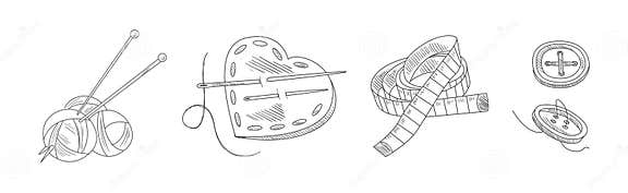 Sewing and Needlework Line Sketch Object and Element Vector Set Stock ...