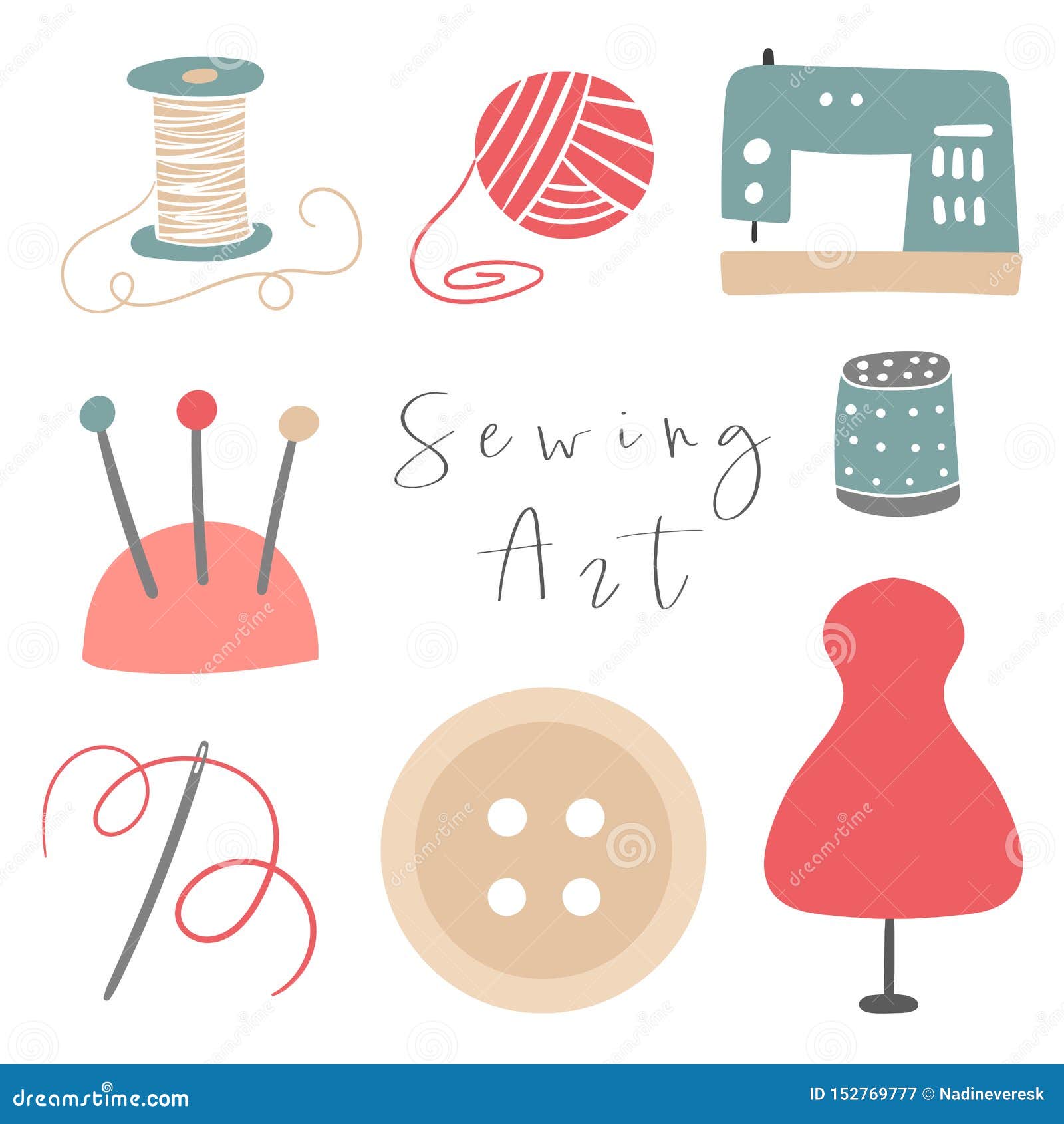 Sewing Objects Collection Including Sewing Machine, Needle, Yarn ...