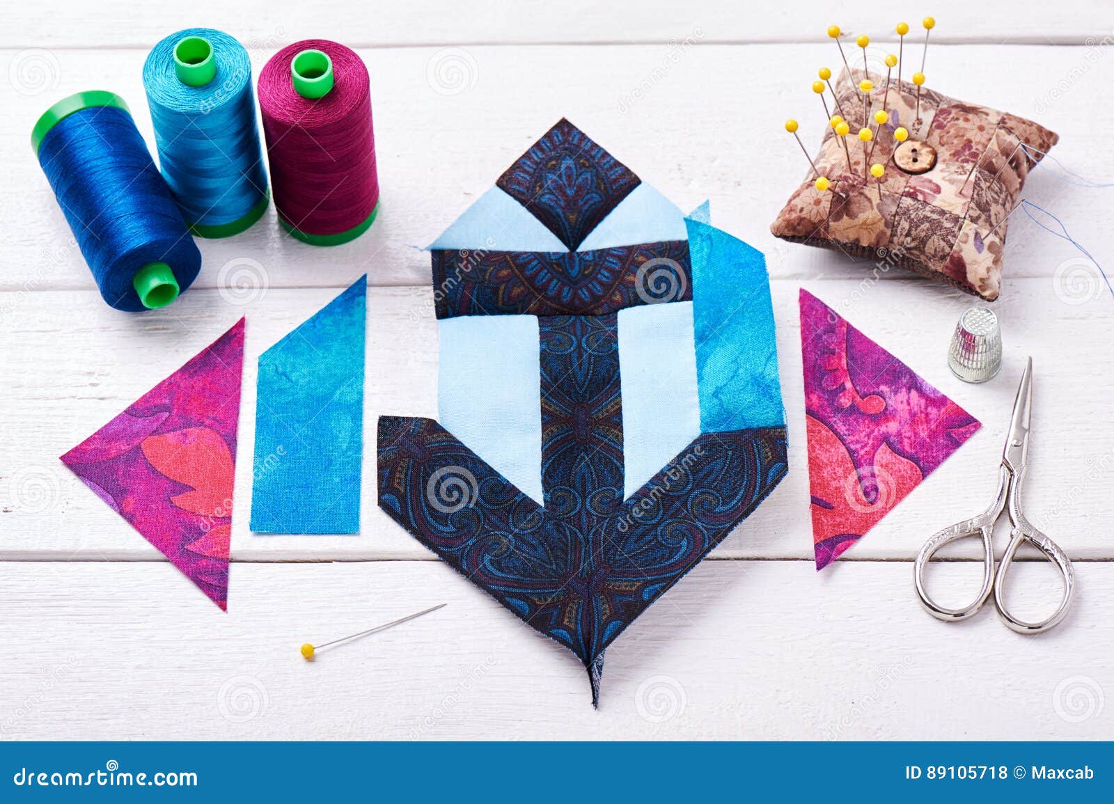 Sewing Patchwork of Block Anchor Surrounded by Accessories Stock Photo ...