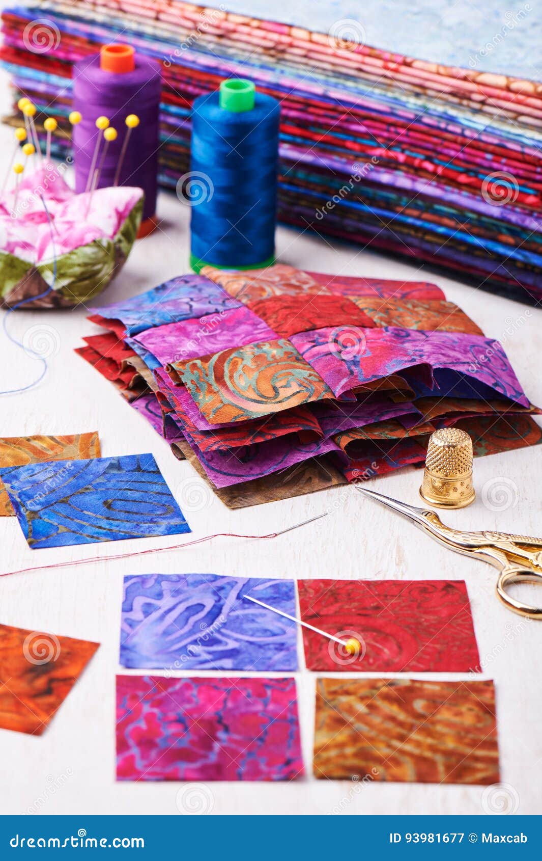 Sewing Patchwork Blocks To Colorful Batik Quilt Stock Image - Image of ...