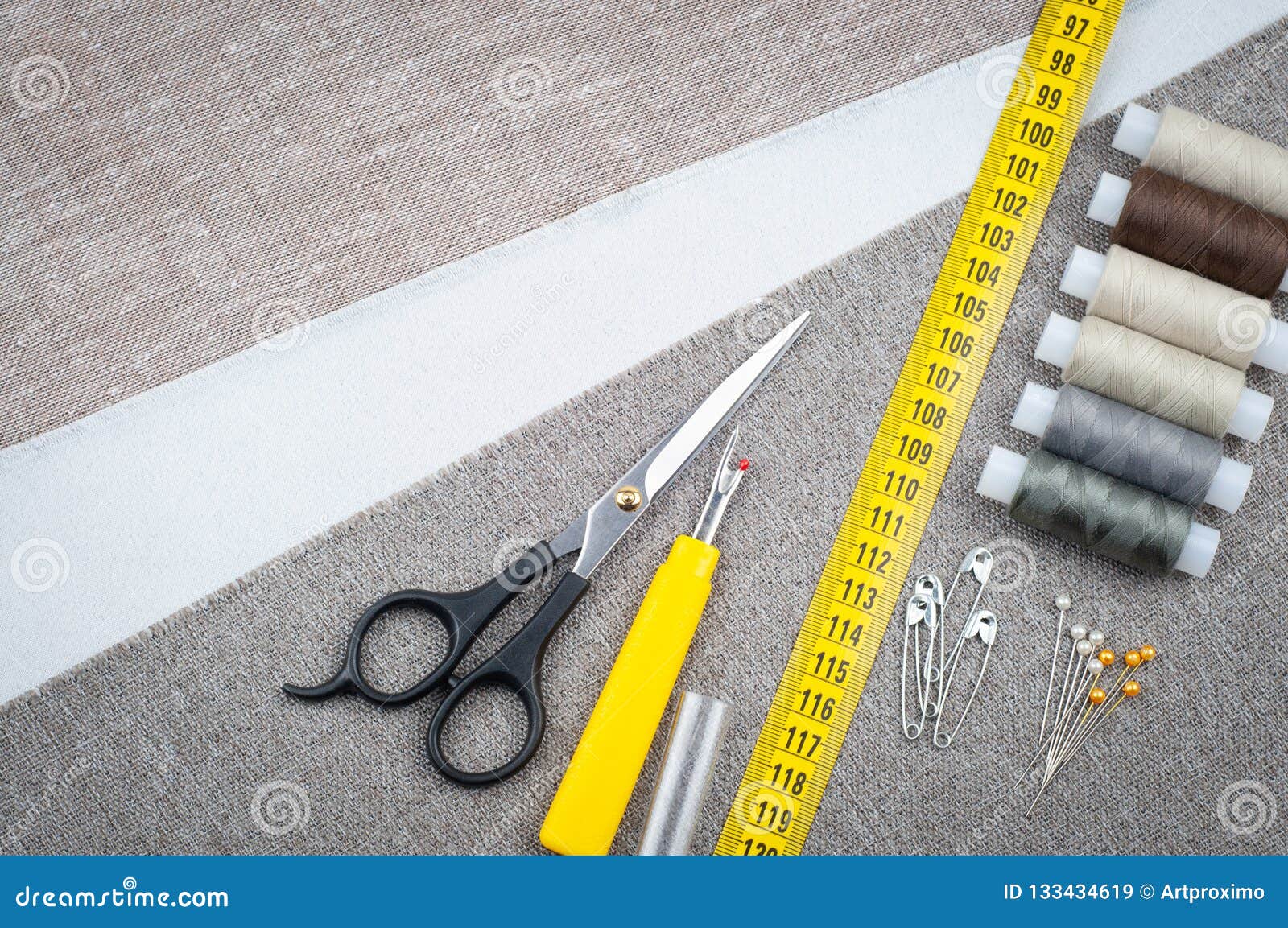 Sewing Pattern Composition with Scissors, Spools of Thread, Pins ...