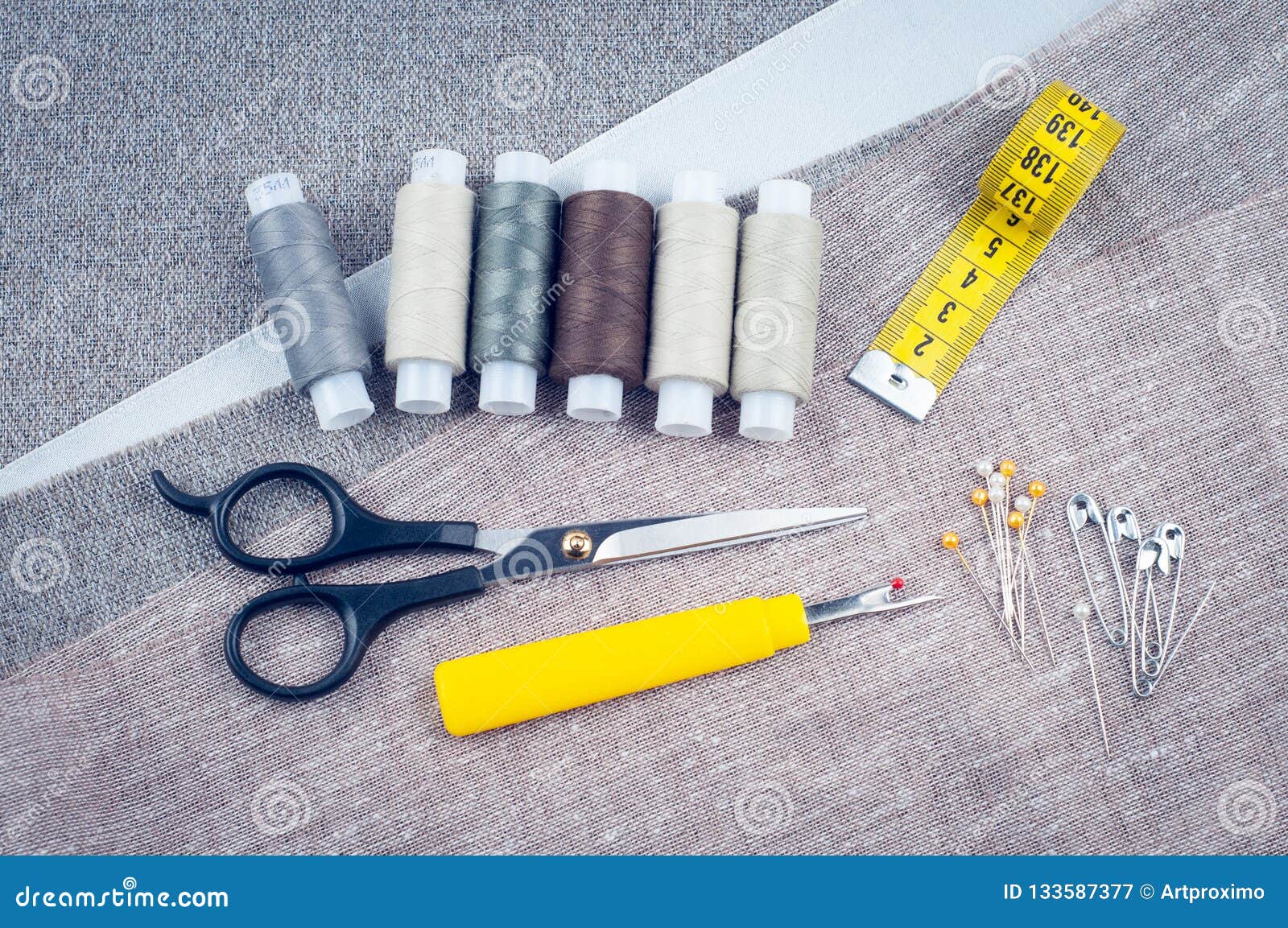 Sewing Pattern Composition with Scissors, Spools of Thread, Pins ...