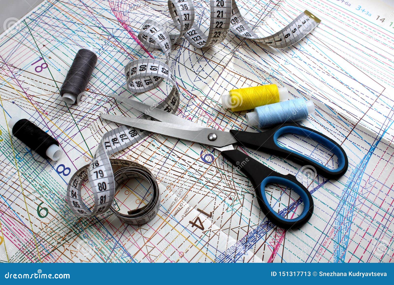 On Sewing Patterns are Scissors, Thread and Tape Measure Stock Image ...