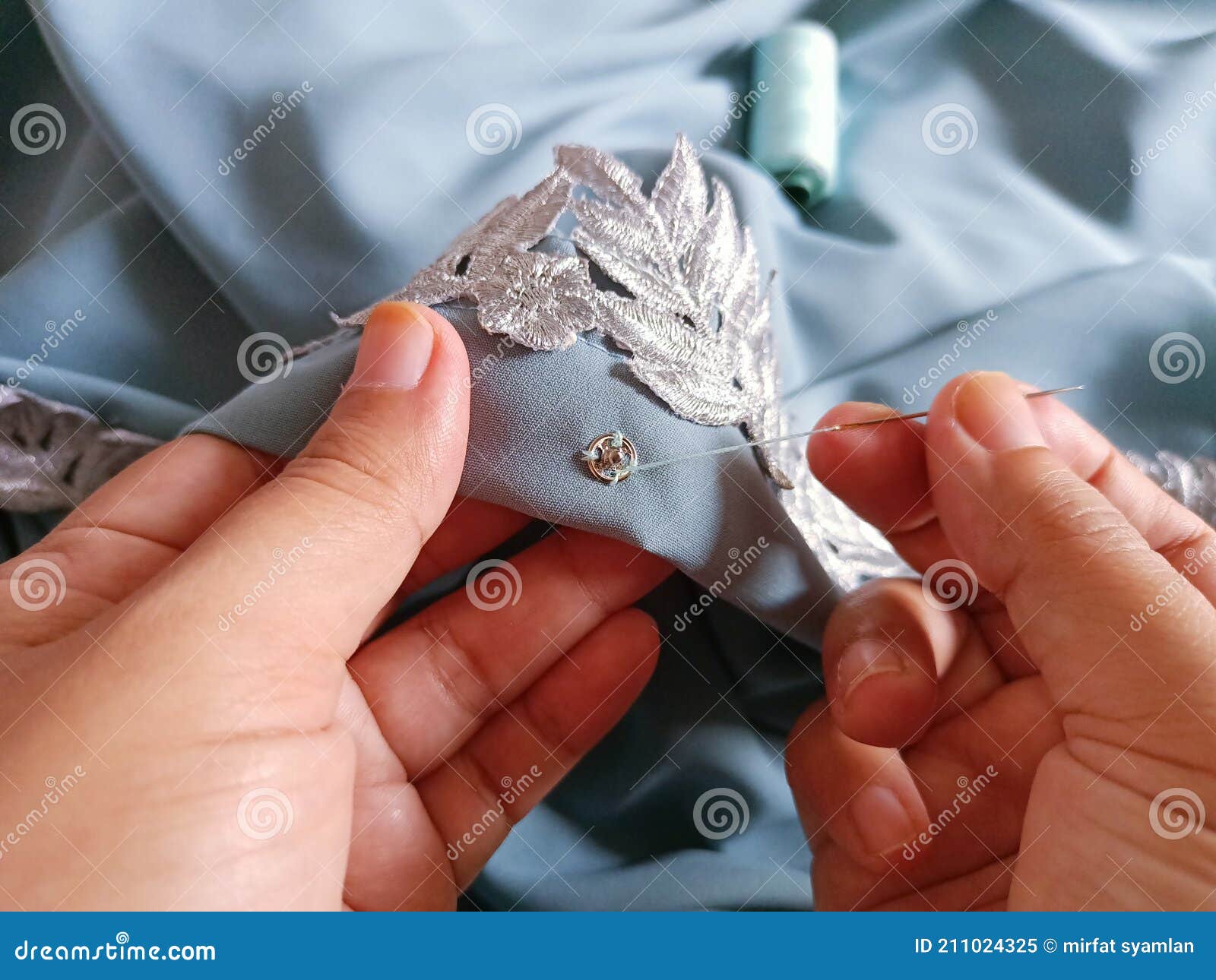 Sewing Press Stud Button on the Cloth with Hand Stock Image - Image of ...