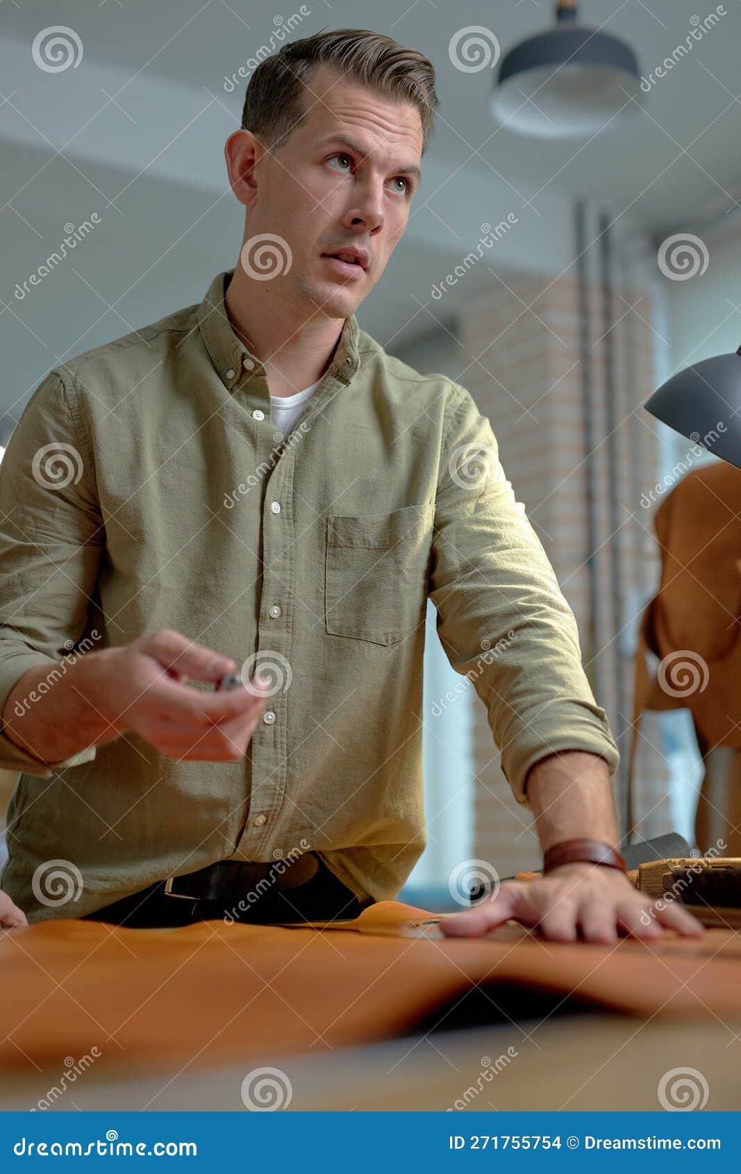 Sewing Process of the Leather Belt. Man Hands Behind Sewing. Leather ...