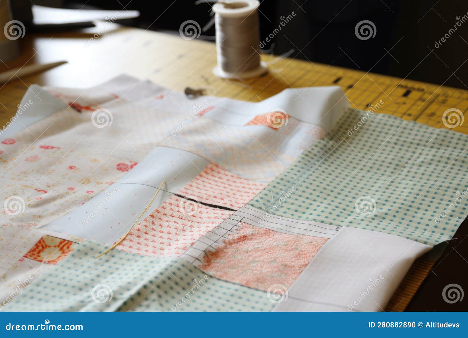 Sewing Project in Progress, with Fabric and Thread Visible Stock ...