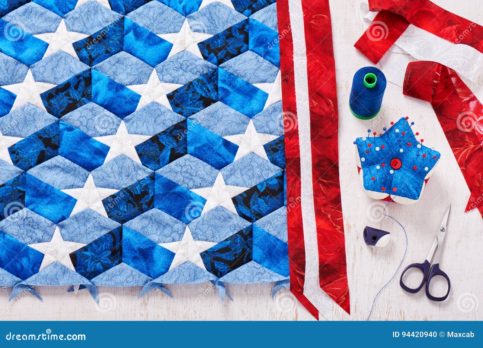 Sewing of Quilt with Stylized Elements of American Flag Stock Photo ...