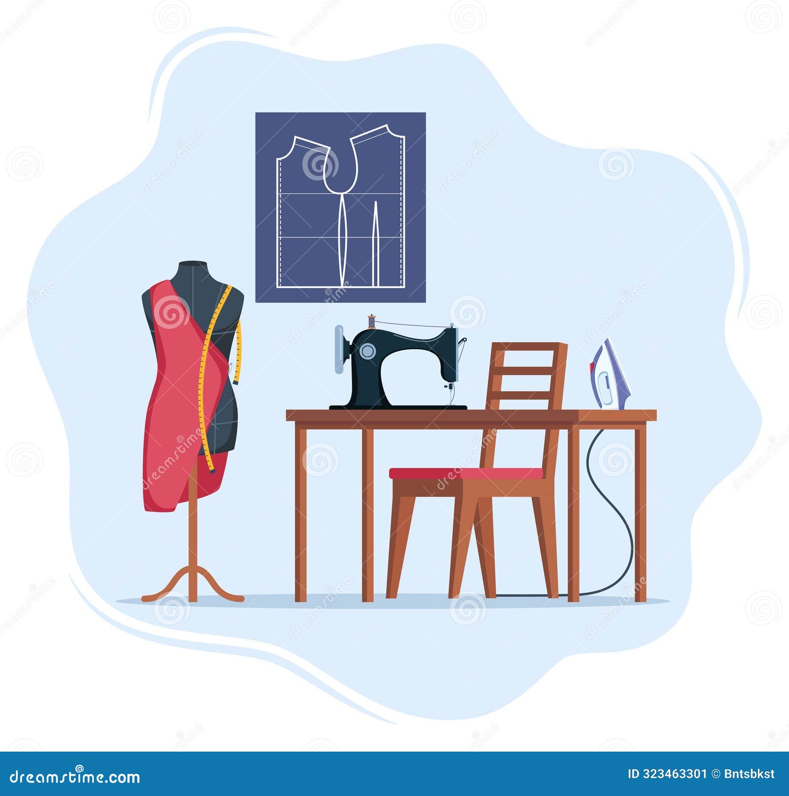 Sewing Room With Sewing Machine, Mannequin, Tools And Sewing Pattern ...