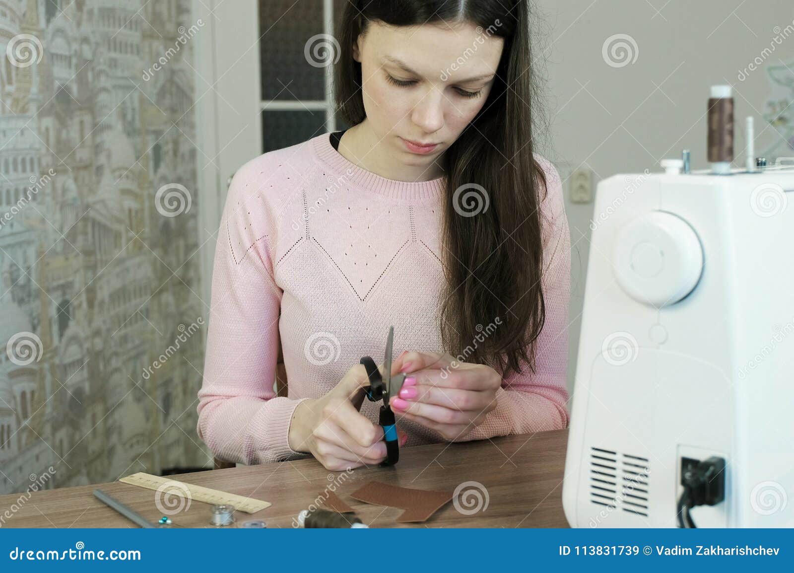 Sewing Scissors Cut a Piece of Skin, Preparation for Sewing, Cutting ...