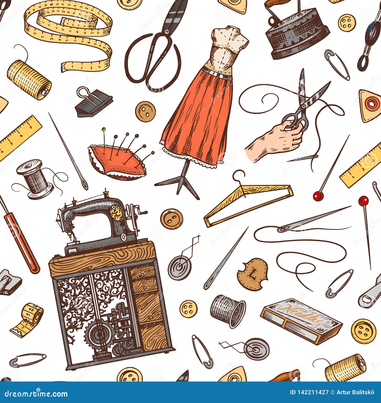 Sewing Seamless Pattern Tools And Elements Or Materials For Needlework