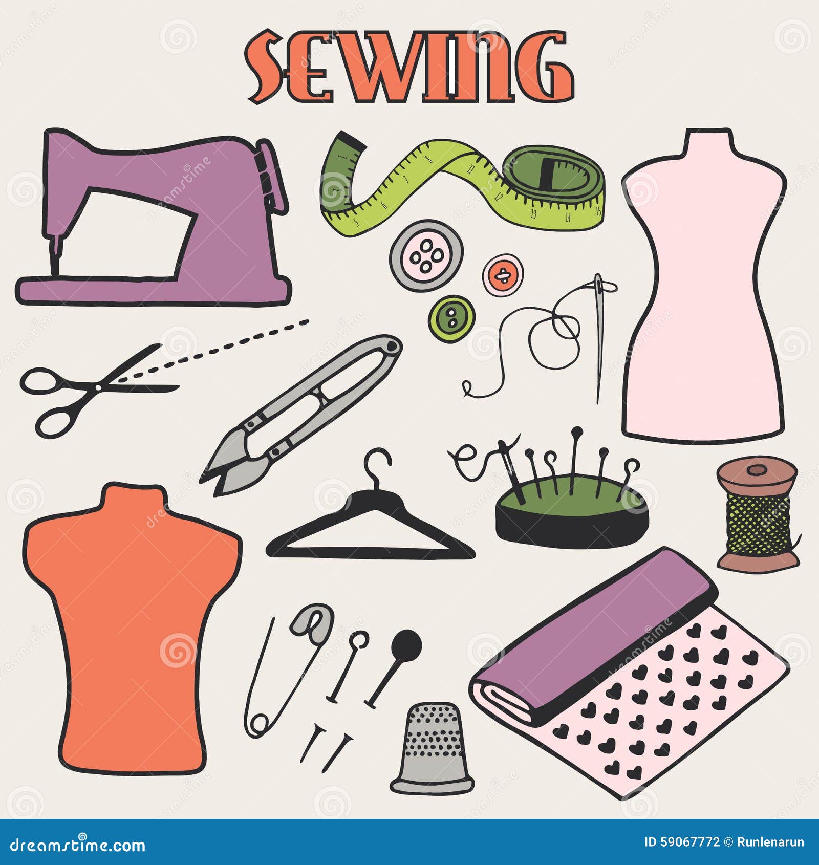 Sewing Set. Hand-drawn Cartoon Tools. Doodle Drawing. Stock Vector ...