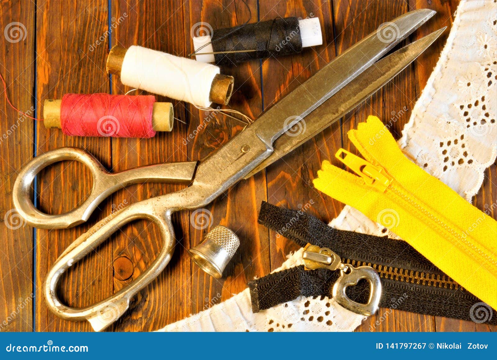 Sewing - a Set of Threads, Vintage Scissors, Needles, Thimble. a Set of ...