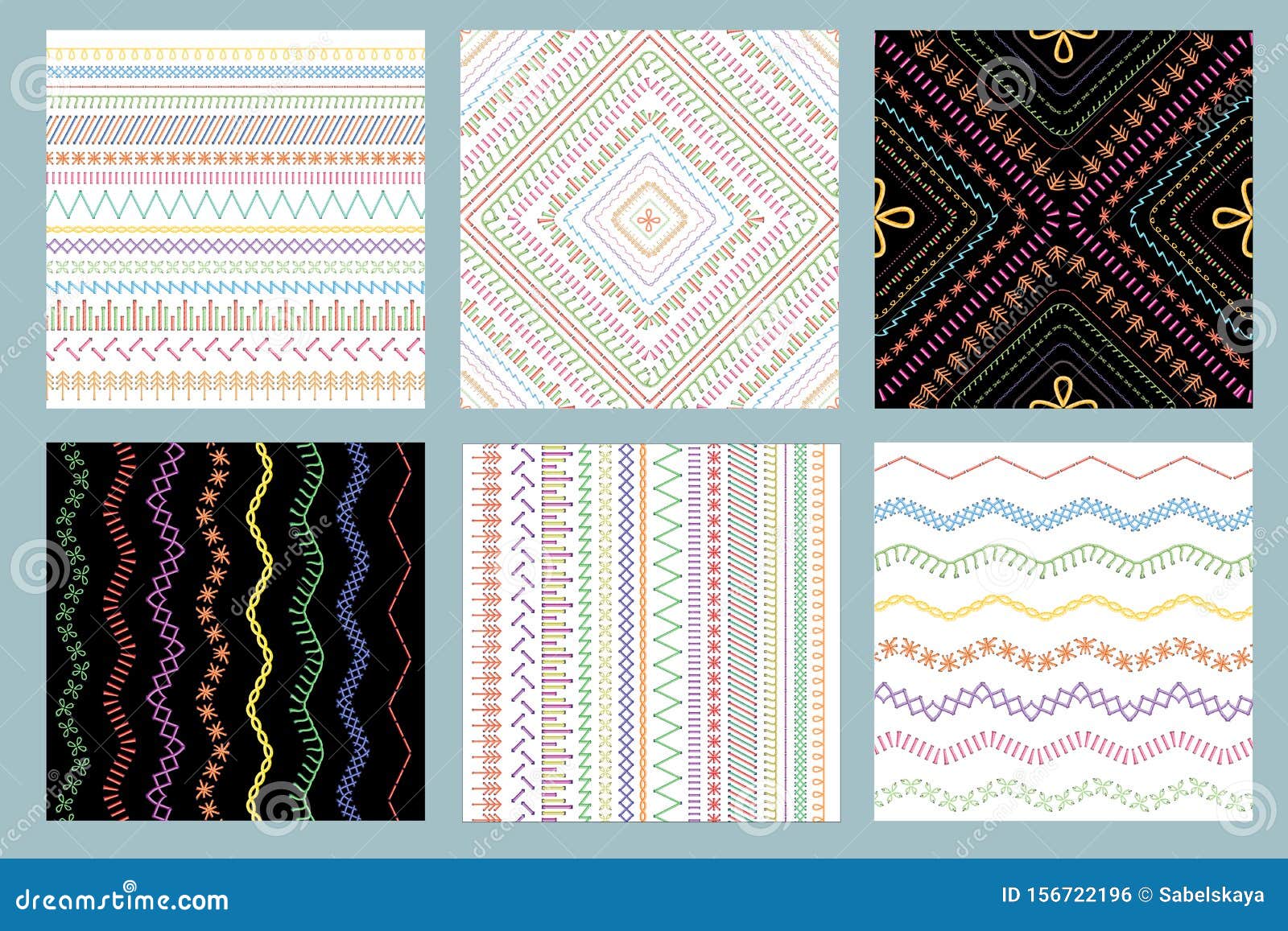 Sewing Stitches Seamless Patterns Set of Vector Illustrations on White ...