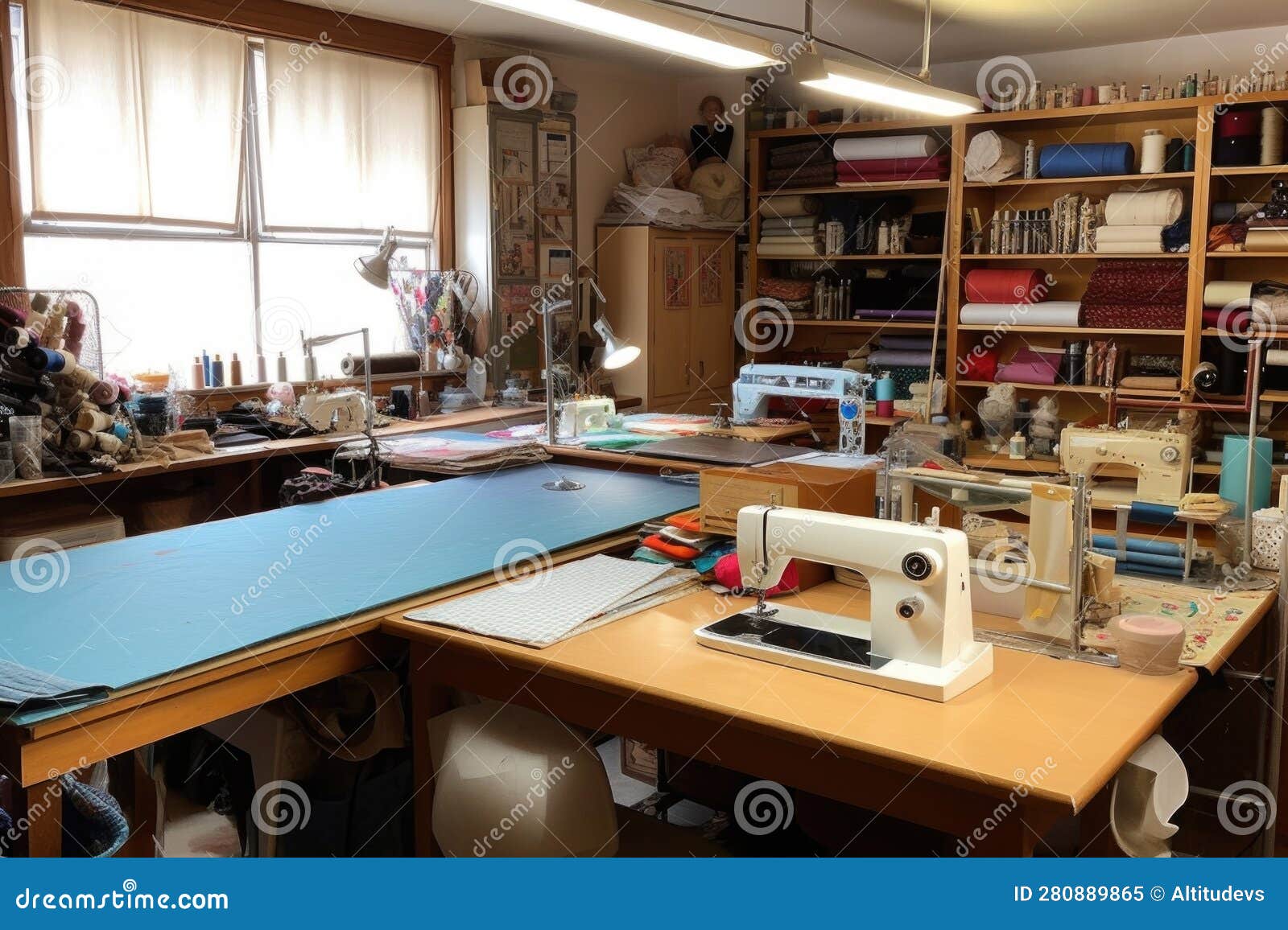 Sewing Studio, with Fabrics and Tools Neatly Arranged on Tables Stock ...
