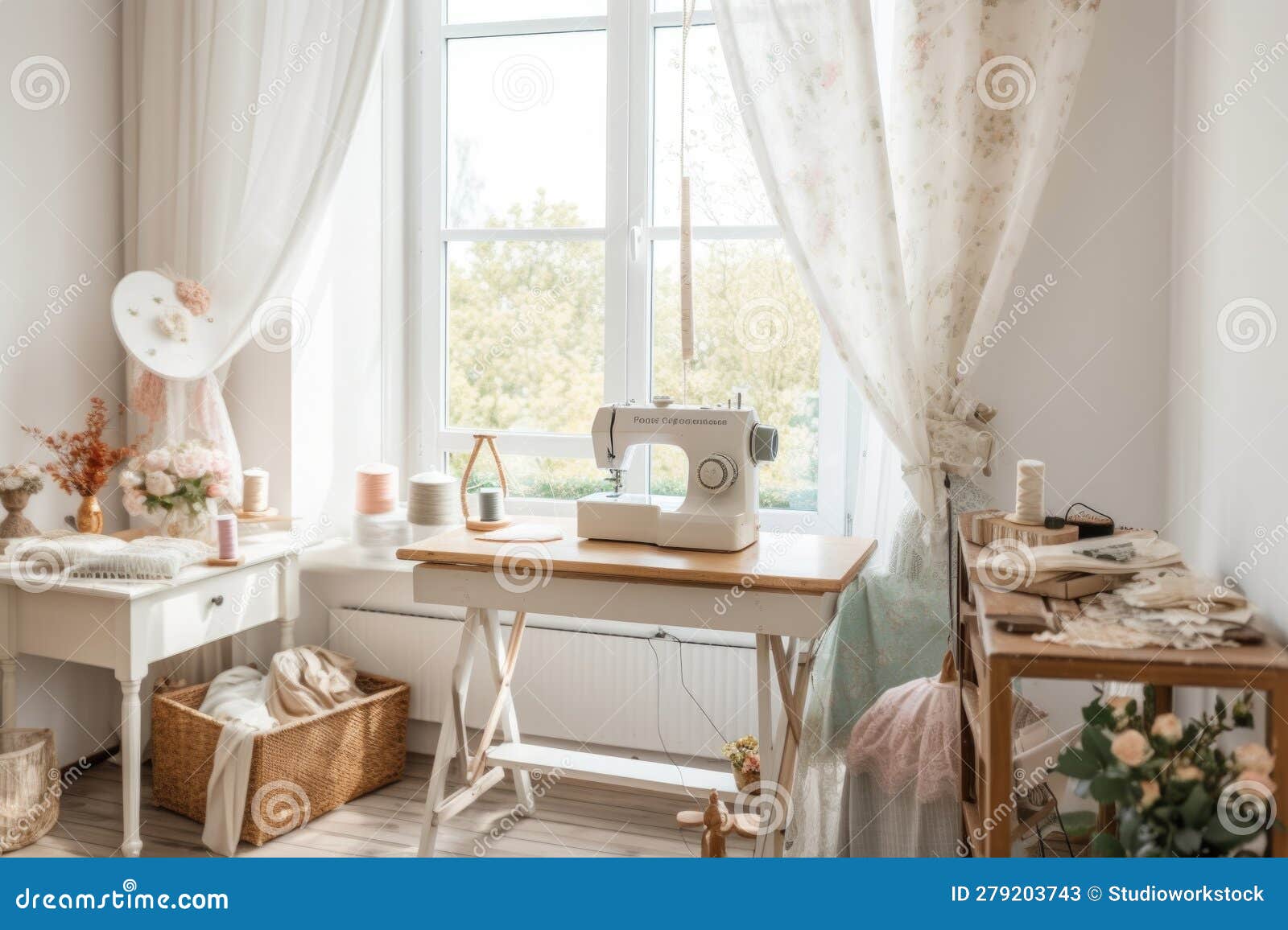 Sewing Studio with Light and Airy Decor, Sewing Machine, and Basket of ...