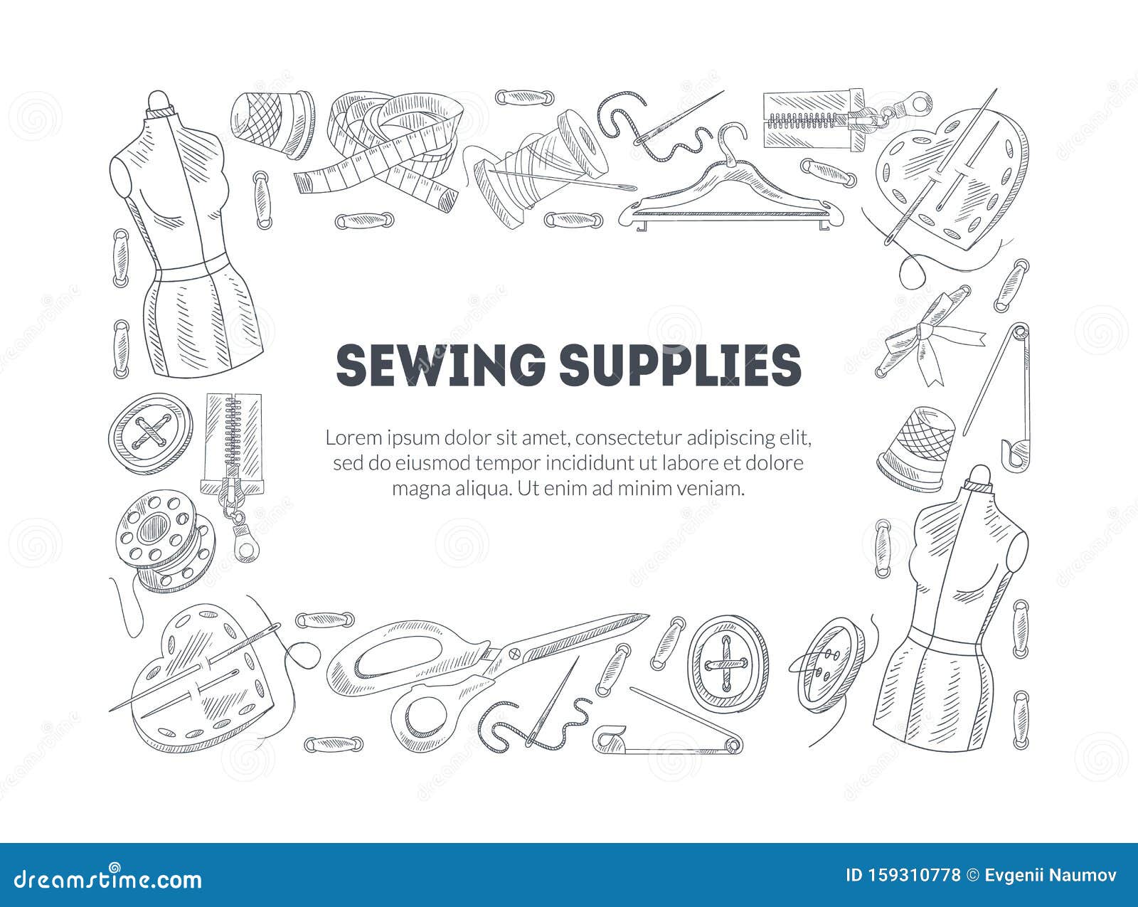 Sewing Supplies Rectangular Frame, Hand Drawn Needlework Accessories ...