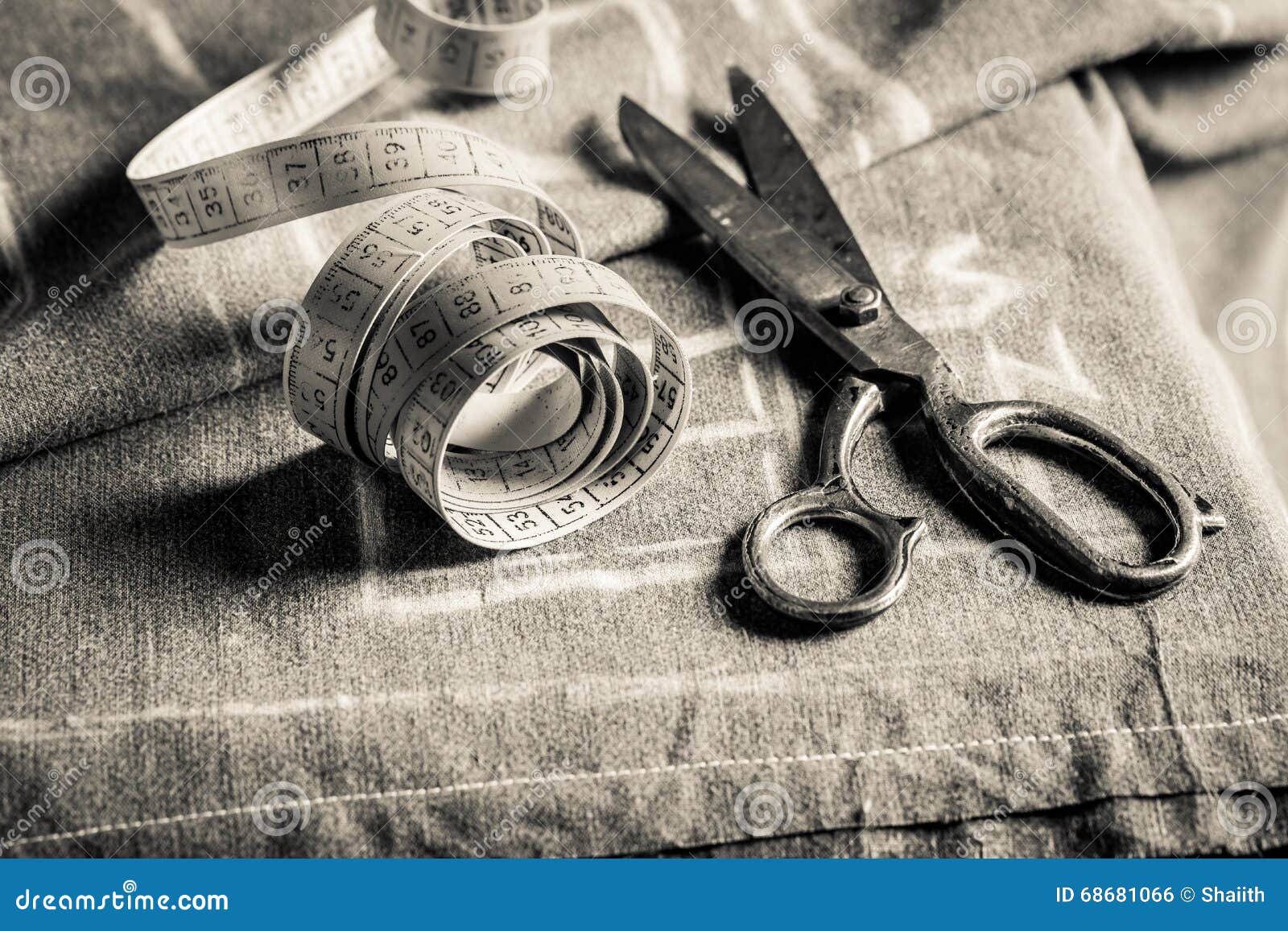 Sewing Table with Scissors and Cloth Stock Photo - Image of suit ...