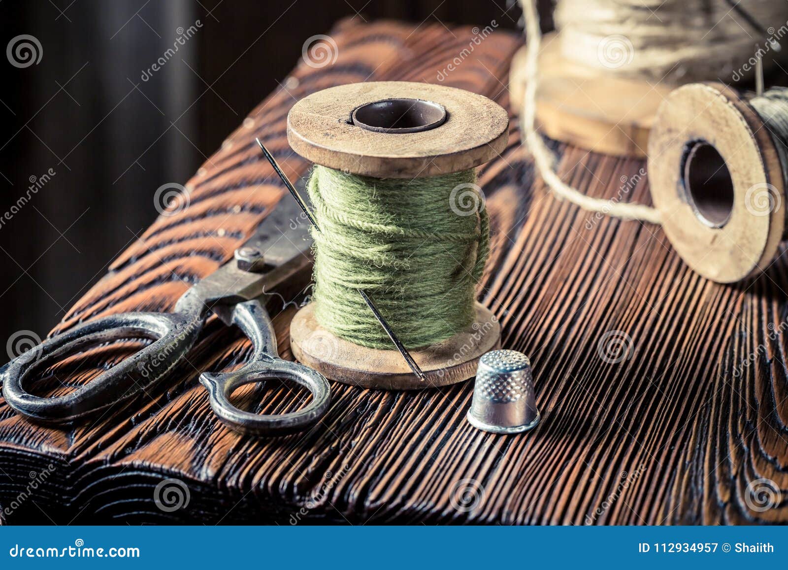 Sewing Table with Scissors, Threads and Needle Stock Image - Image of ...