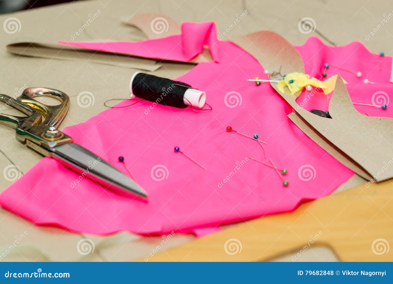 Sewing Textile or Cloth. Work Table of a Tailor. Textile Tools Stock ...