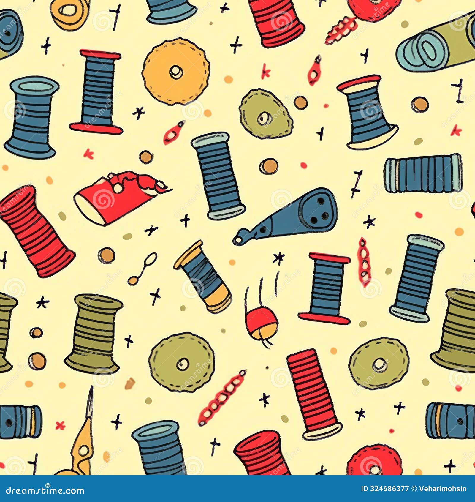 Sewing Themed Seamless Pattern Design with Cute Illustrations of ...