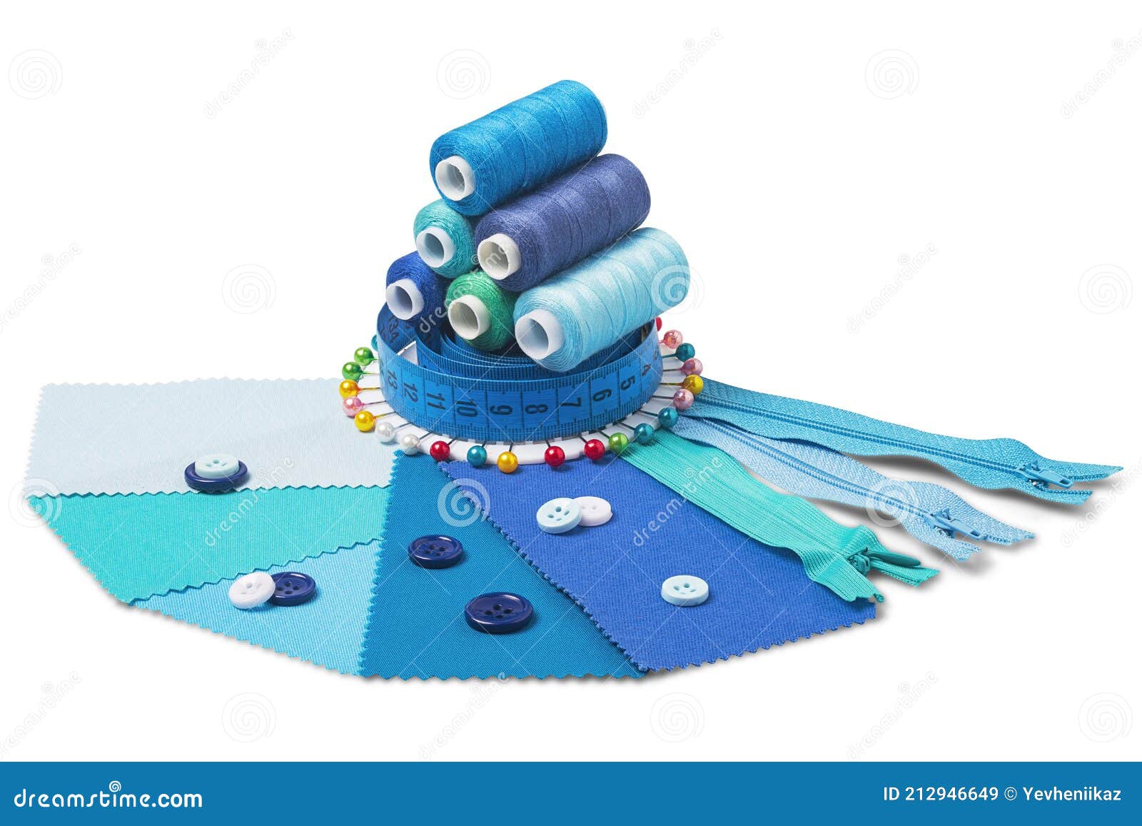 Sewing Thread, Needle, Bobbins, Buttons, Zipper and Fabric Samples Blue ...