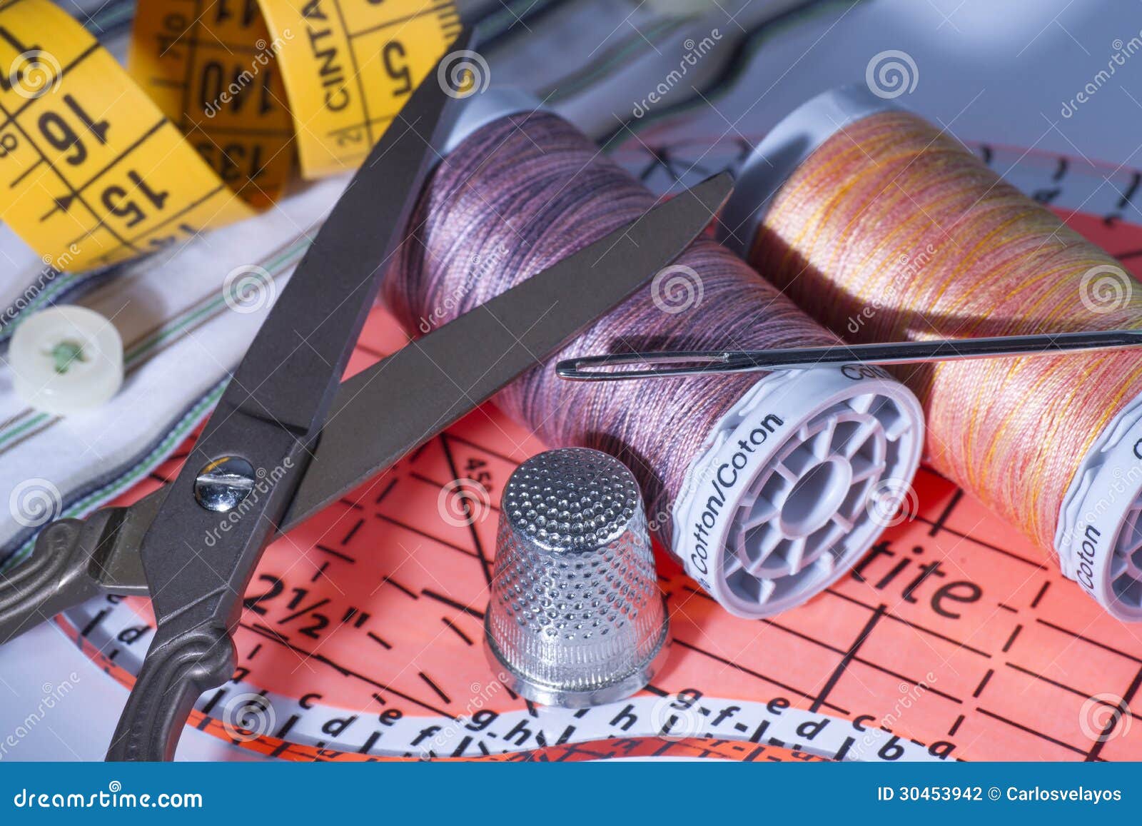 Sewing Thread Spools, Metal Scissors, Metal Thimble, Sewing Rule Stock ...