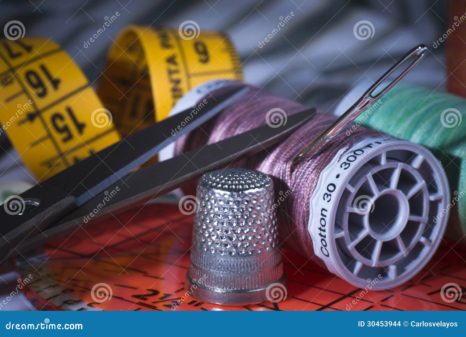 Sewing Thread Spools, Metal Scissors, Metal Thimble, Sewing Rule Stock ...