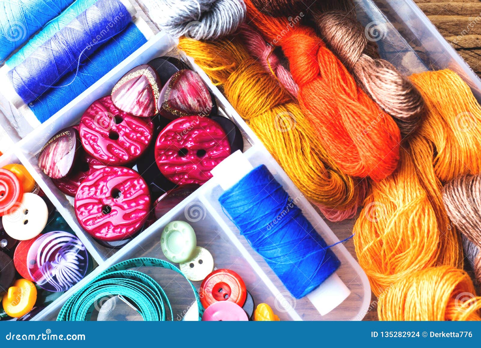 Sewing Tool for Needlework. Colored Threads, Centimeter and Buttons ...