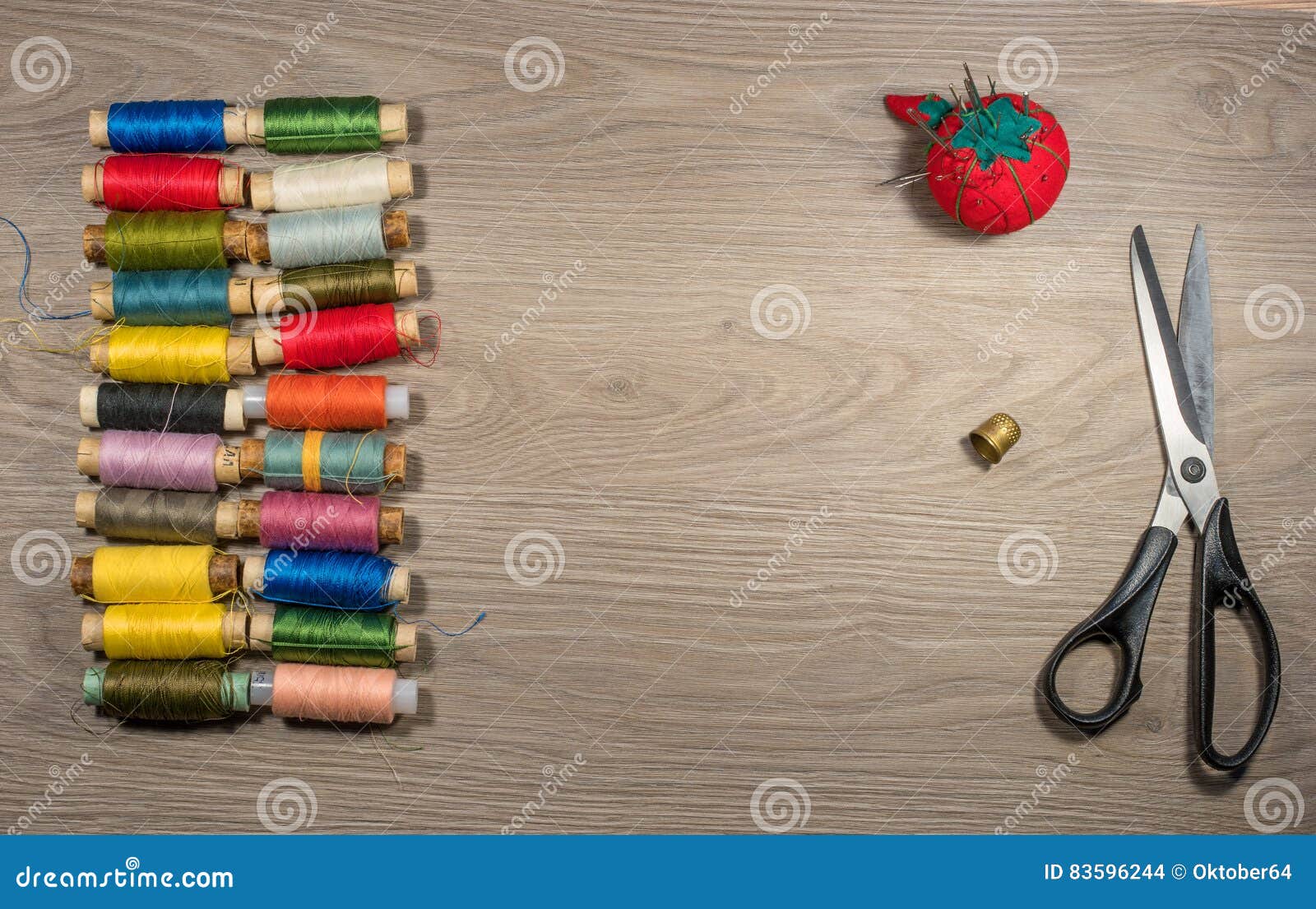 Sewing Tools and Accessories on Wood Background. Stock Photo - Image of ...