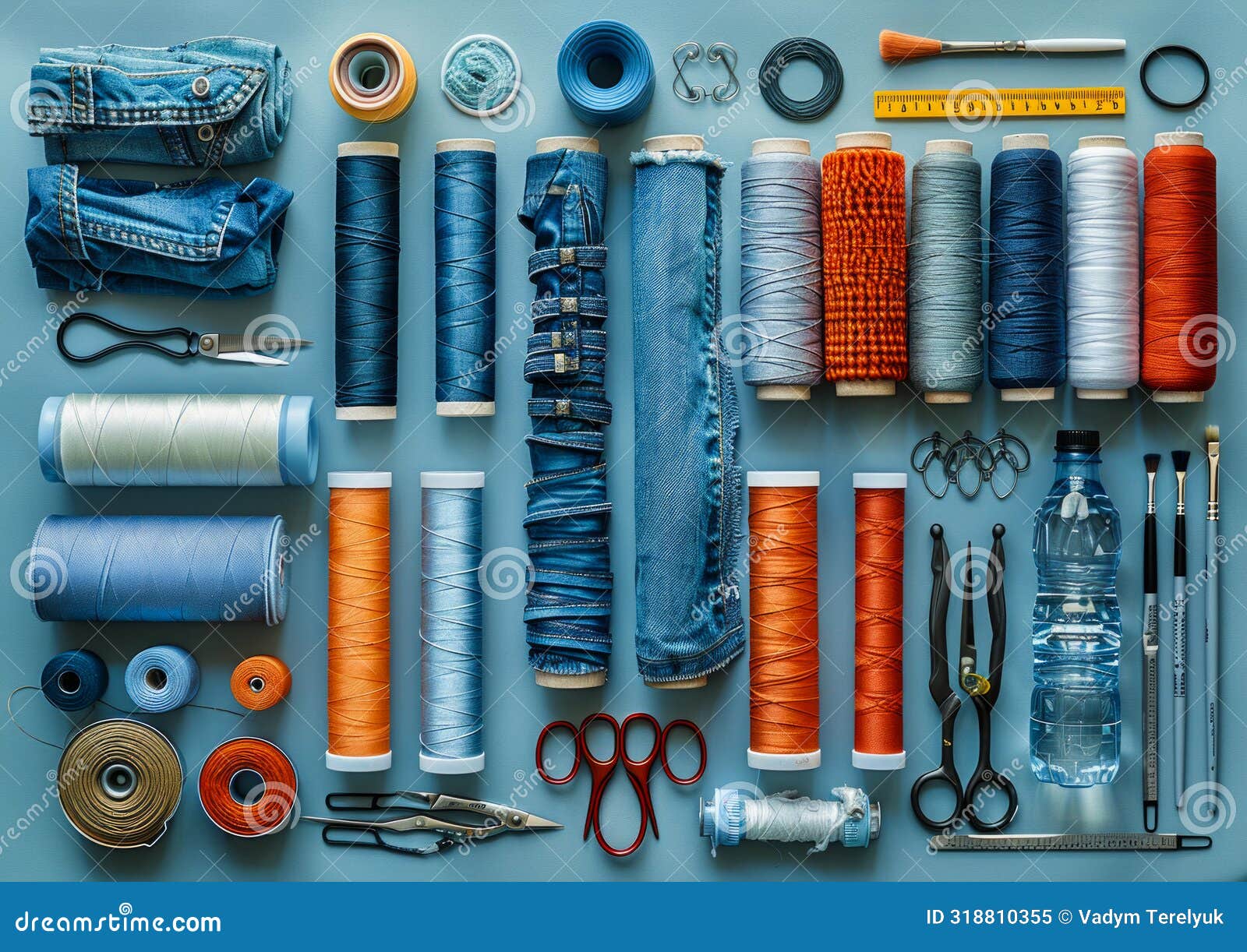 Sewing Tools and Denim on Blue Background Stock Image - Image of bobbin ...