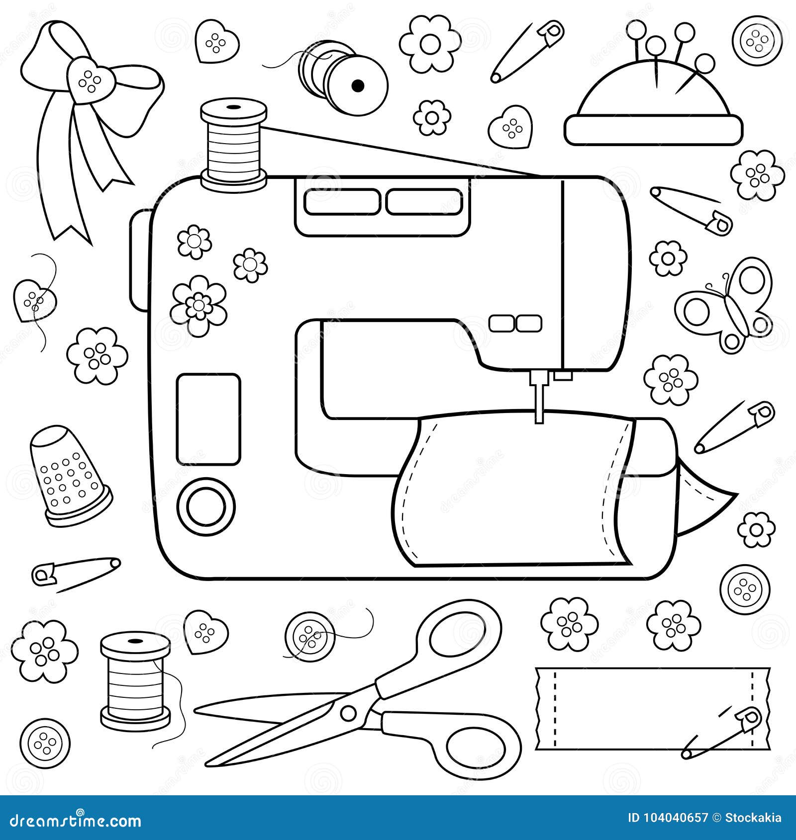 Sewing Project Tools and Equipment. Vector Black and White Coloring ...