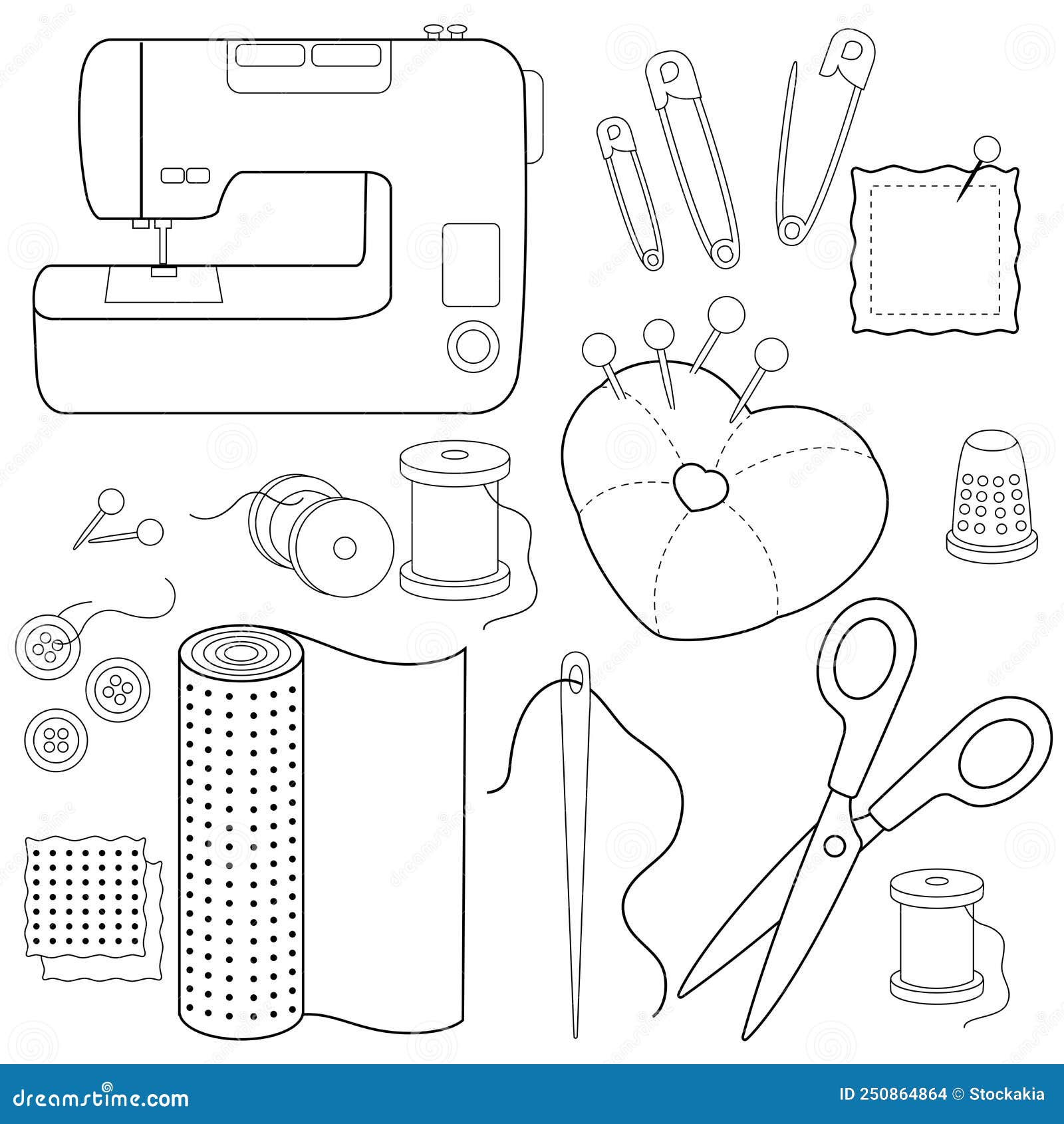Sewing Tools and Equipment. Vector Black and White Coloring Page Stock ...
