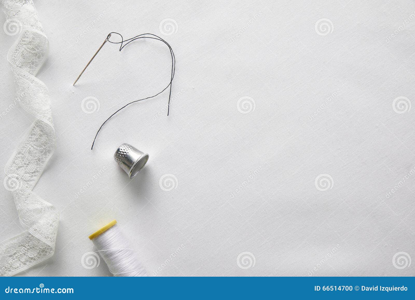 Sewing Tools with Lace on White Fabric Background Top View Stock Photo ...